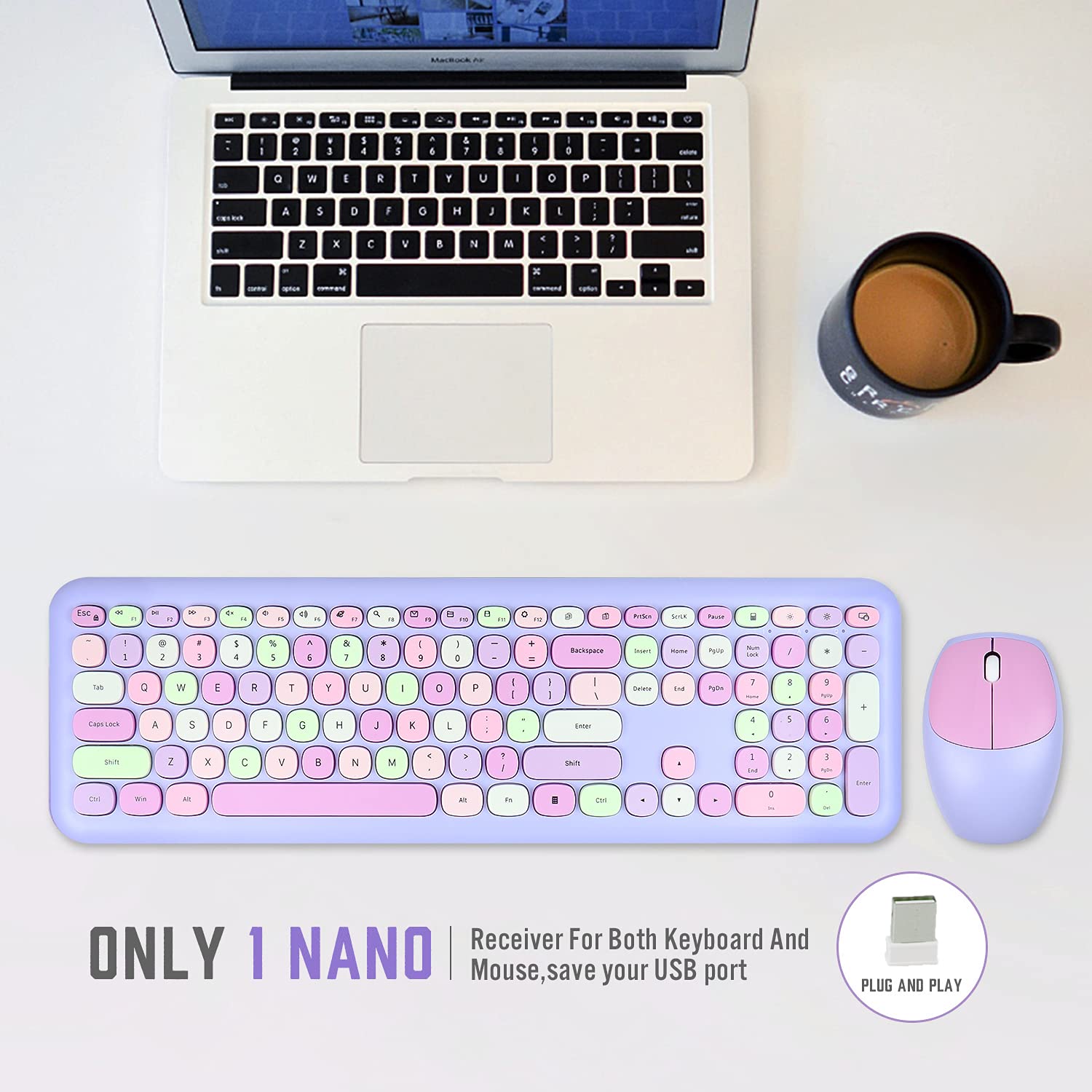 Dedeo Wireless Keyboard and Mouse Combo,USB Purple 110 Keys Compact Full Size Colorful Keyboard and Mouse Set, 2.4Ghz Noise-reducing Ultra-Quiet Keys, Ultra-Thin,for Windows, PC, Laptop, Desktop