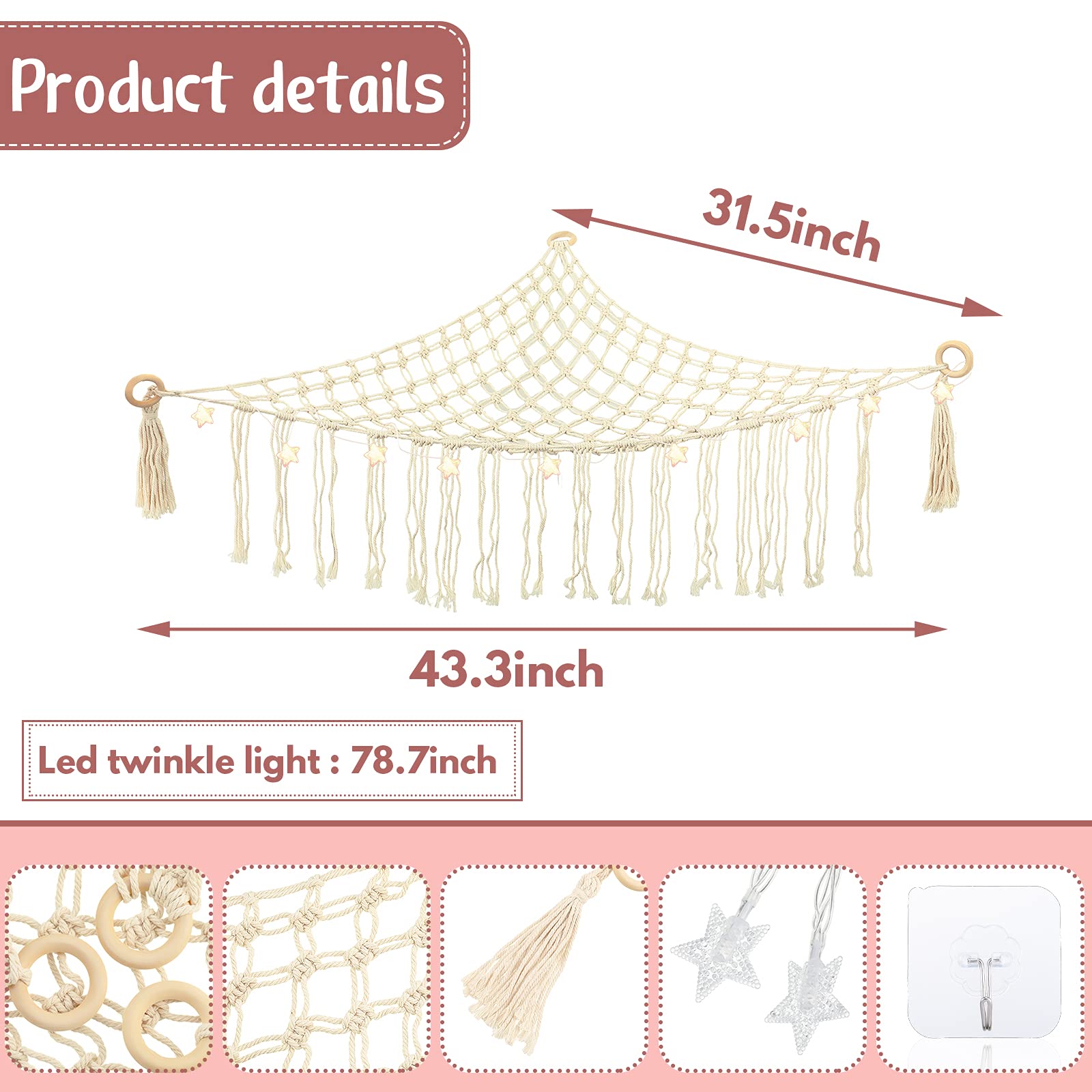 Stuffed Animal Net Hammock Macrame Boho Toy Hammock with LED String Light Stuffed Animal Hanging Storage Organizer Wall Corner Toy Net Holder Display with Tassel (Beige,43.3 x 34.6 x 34.6 Inch)