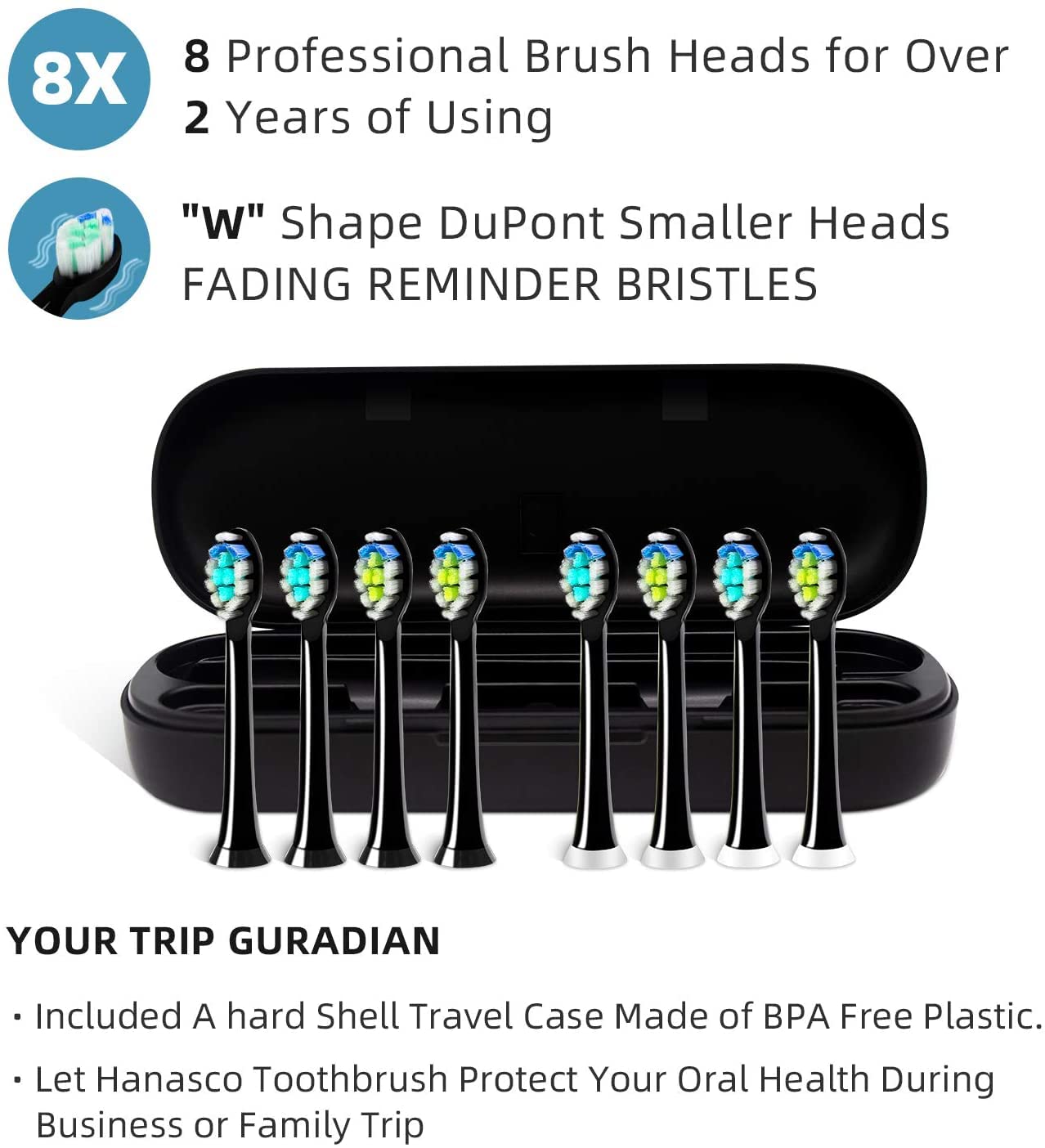 Hanasco Sonic Electric Toothbrush for Adults, 4 Modes with 2 Minute Timer, 8 Brush Heads Included, Whitening Clean 4 Hours Charge for 100 Days Use, Soft Bristles, 38,000 VPM Black