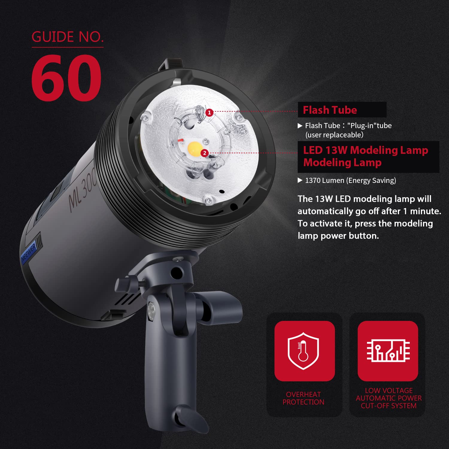 Neewer ML300 300W Outdoor Studio Flash Strobe Li-ion Battery-Powered Monolight with 2.4GHz Wireless Trigger, 1000 Full Power Flashes, 0.4-2.5s Recycle Time, Bowens Mount, 2-Pack Li-on Battery