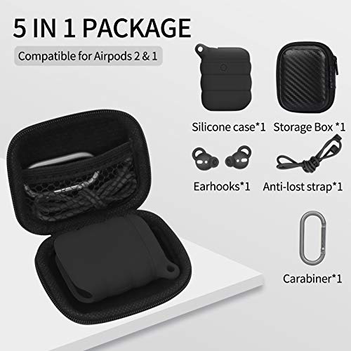 WWW Protective Case Designed for Apple AirPods 2 & 1 , 5 in 1 Accessories Set Silicone Cover for AirPods 2 and 1 Charging Case with AirPods Covers/Anti-Lost Lanyards/Keychain/Carrying Box Black