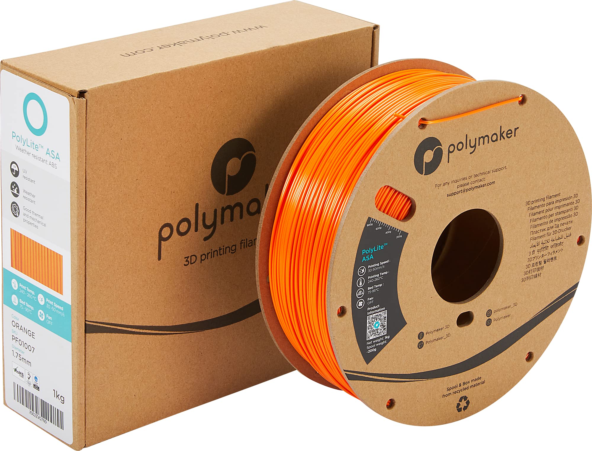 Polymaker ASA Filament 1.75mm Orange, 1kg ASA 3D Printer Filament, Heat & Weather Resistant - ASA 3D Filament Perfect for Printing Outdoor Functional Parts, Dimensional Accuracy +/- 0.03mm
