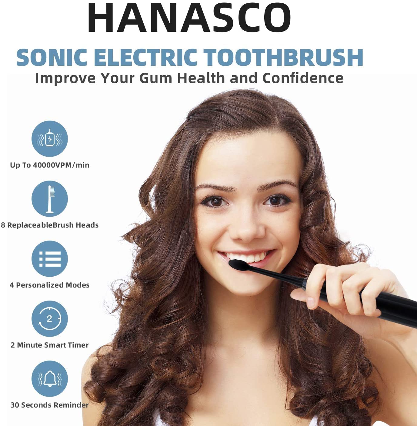Hanasco Sonic Electric Toothbrush for Adults, 4 Modes with 2 Minute Timer, 8 Brush Heads Included, Whitening Clean 4 Hours Charge for 100 Days Use, Soft Bristles, 38,000 VPM Black