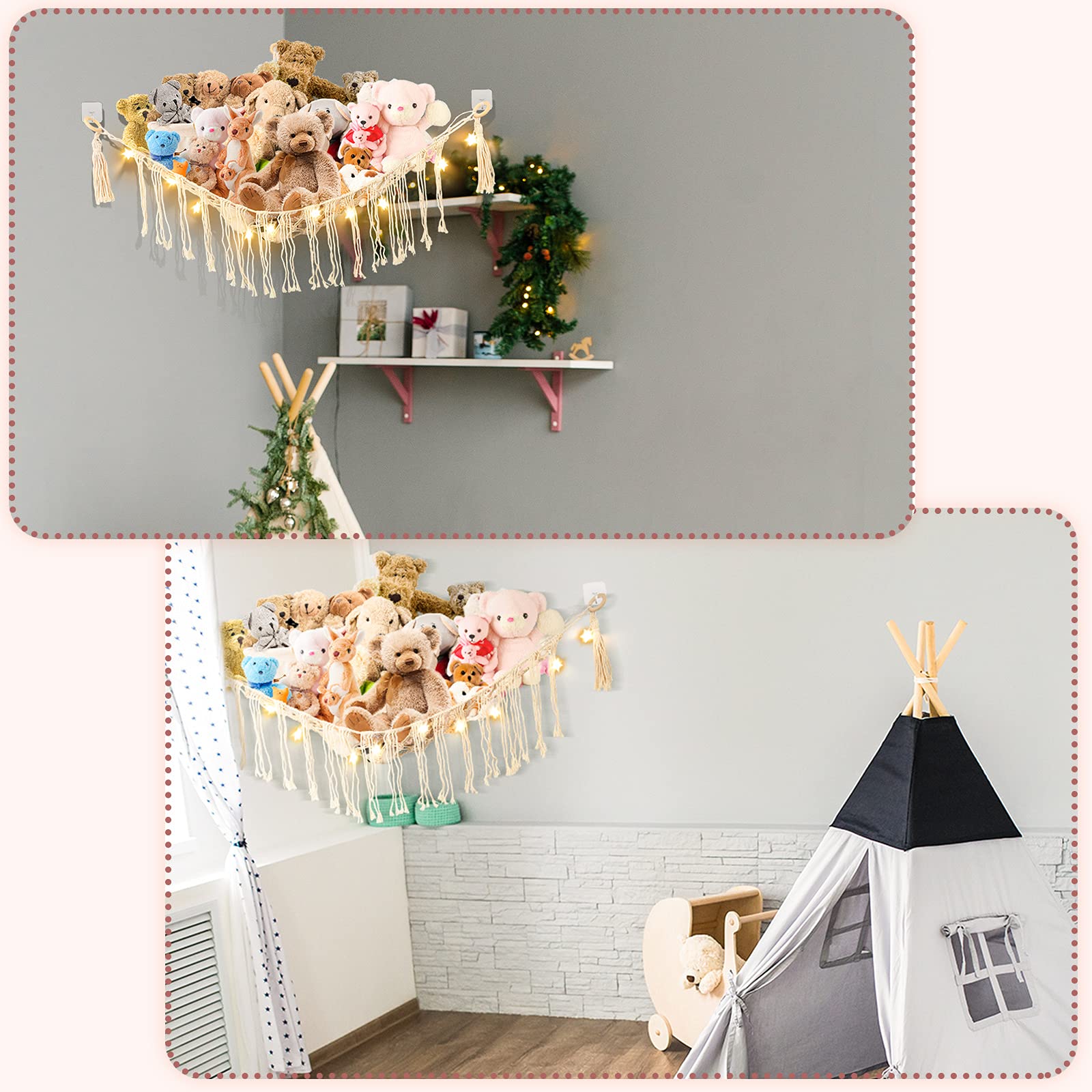 Stuffed Animal Net Hammock Macrame Boho Toy Hammock with LED String Light Stuffed Animal Hanging Storage Organizer Wall Corner Toy Net Holder Display with Tassel (Beige,43.3 x 34.6 x 34.6 Inch)