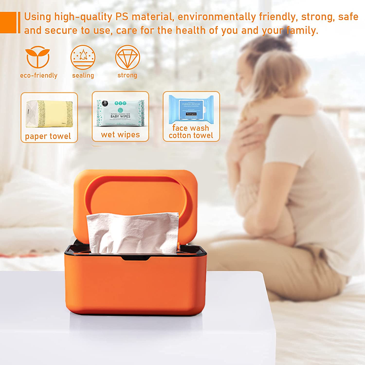 KOOMTOOM Wipes Dispenser, Baby Wipe Holders Tissue Box Refillable Wipe Container with Sealing Design, Keeps Diaper Wipes Fresh, Non-Slip for Car, Home,Office (Orange)