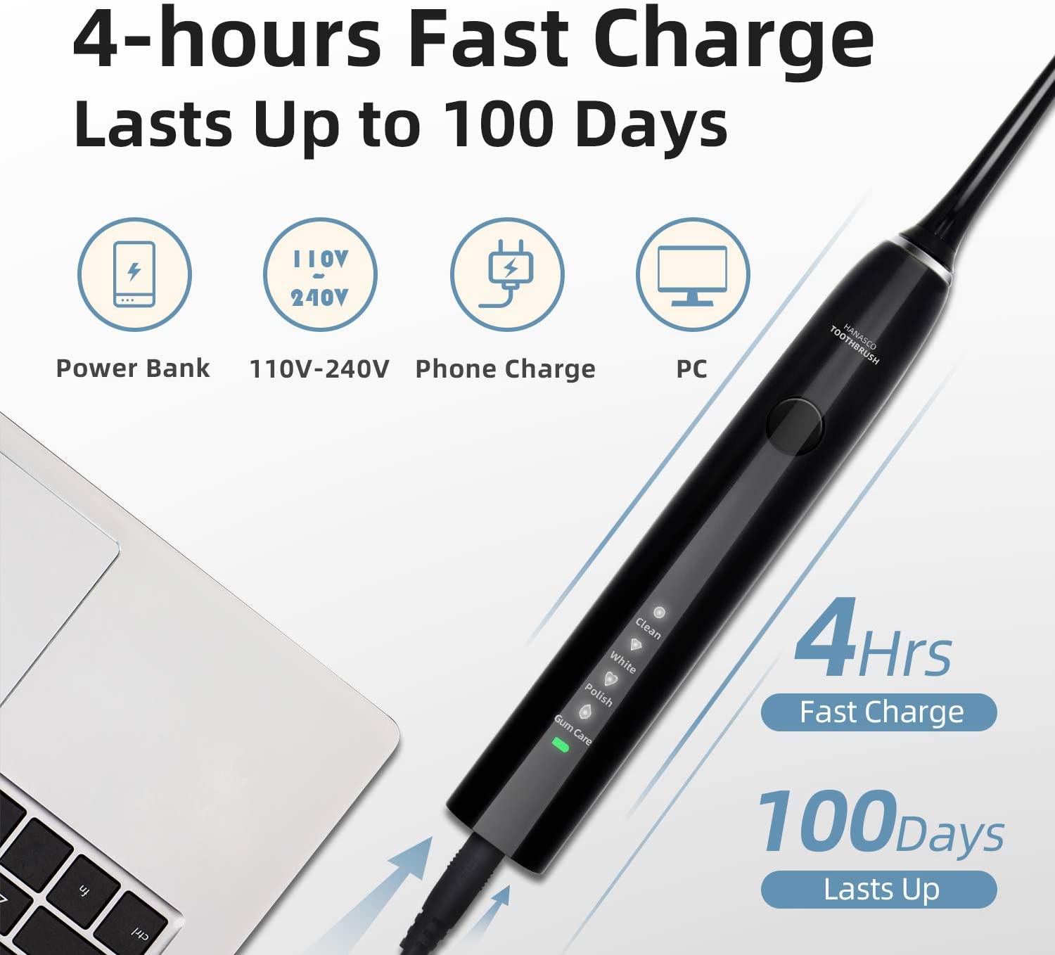 Hanasco Sonic Electric Toothbrush for Adults, 4 Modes with 2 Minute Timer, 8 Brush Heads Included, Whitening Clean 4 Hours Charge for 100 Days Use, Soft Bristles, 38,000 VPM Black