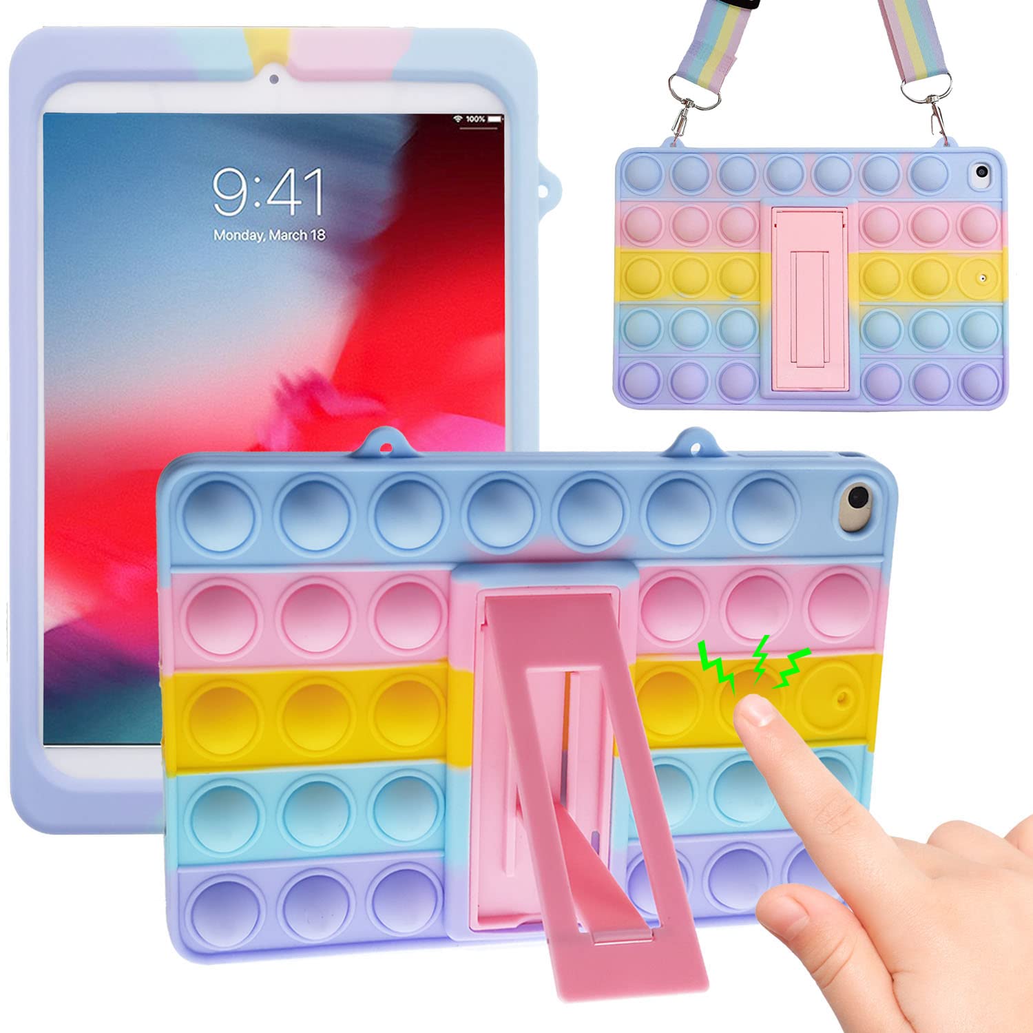 iZi Way Pop It iPad Case Mini 2 / Mini 3 / Mini 1 Kids Girl, Fidget Toys Poppet Push Bubble Cute Silicone Tablet Case, Stand, Strap for iPad Mini 1st / 2nd /3rd Gen (7.9", 2012/2013/2014) - Rainbow