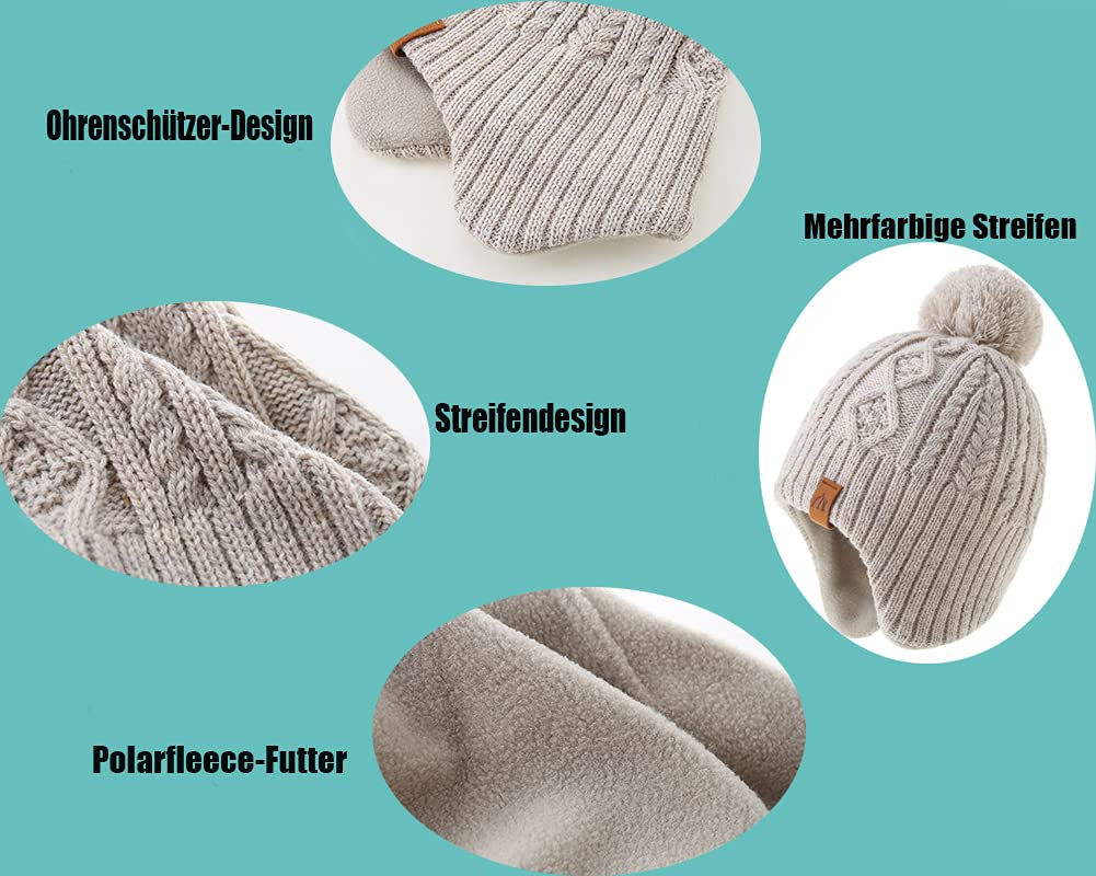 LMLALML Boys Winter Hat Earflap Knitted Beanie for Kids Warm Fleece Lined Thicken Hat for Baby Beige