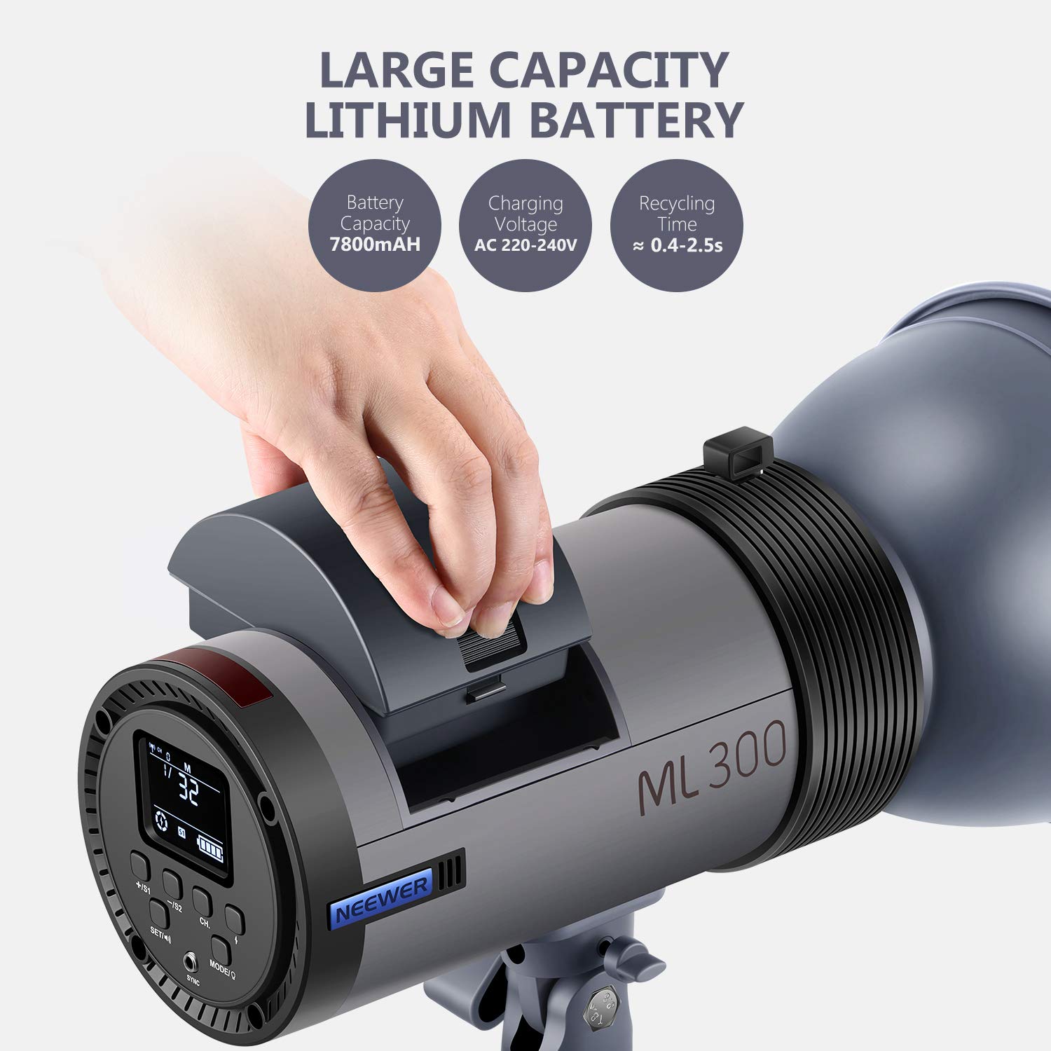 Neewer ML300 300W Outdoor Studio Flash Strobe Li-ion Battery-Powered Monolight with 2.4GHz Wireless Trigger, 1000 Full Power Flashes, 0.4-2.5s Recycle Time, Bowens Mount, 2-Pack Li-on Battery