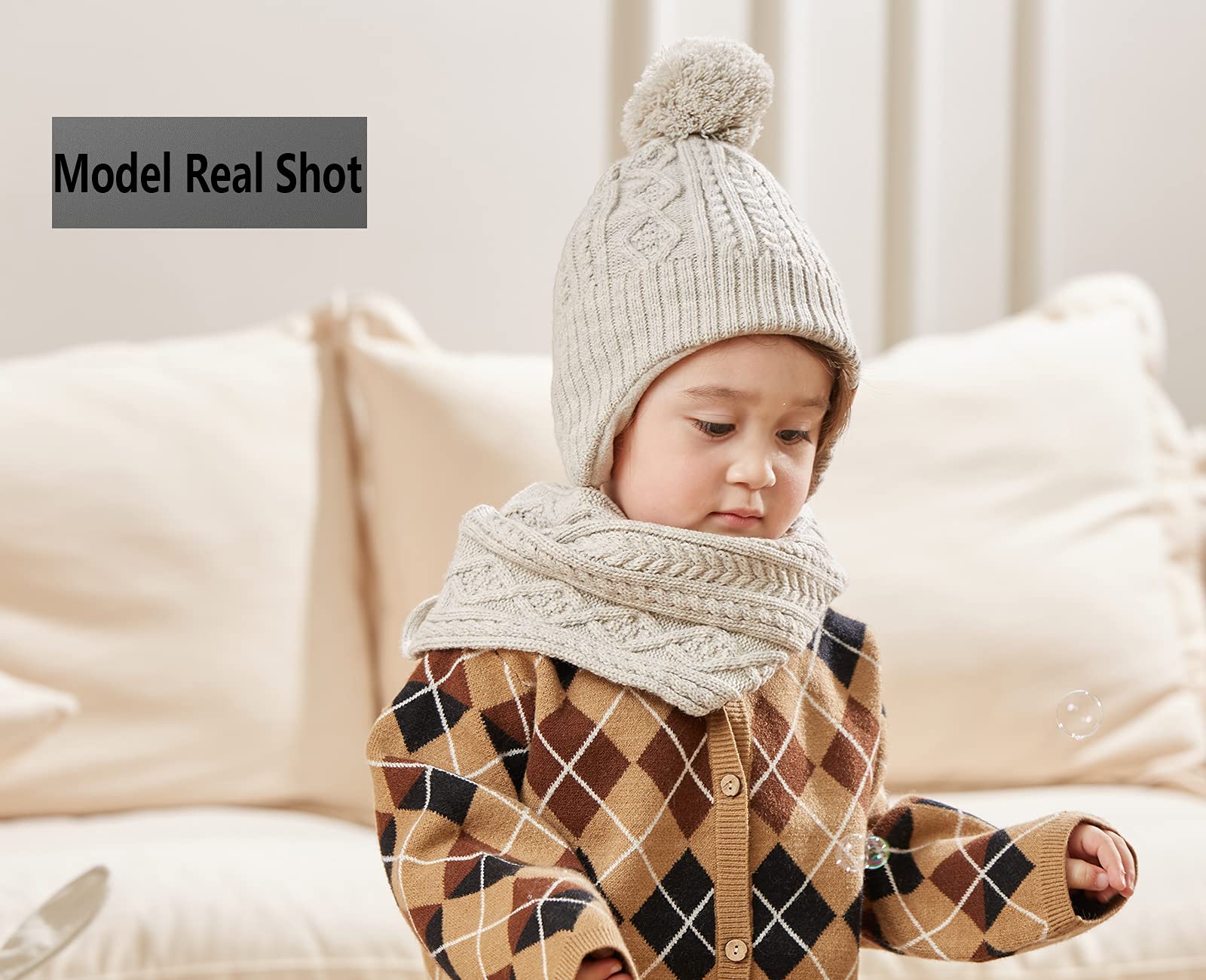 LMLALML Boys Winter Hat Earflap Knitted Beanie for Kids Warm Fleece Lined Thicken Hat for Baby Beige