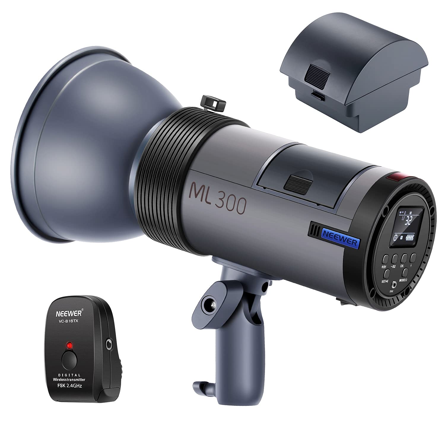 Neewer ML300 300W Outdoor Studio Flash Strobe Li-ion Battery-Powered Monolight with 2.4GHz Wireless Trigger, 1000 Full Power Flashes, 0.4-2.5s Recycle Time, Bowens Mount, 2-Pack Li-on Battery