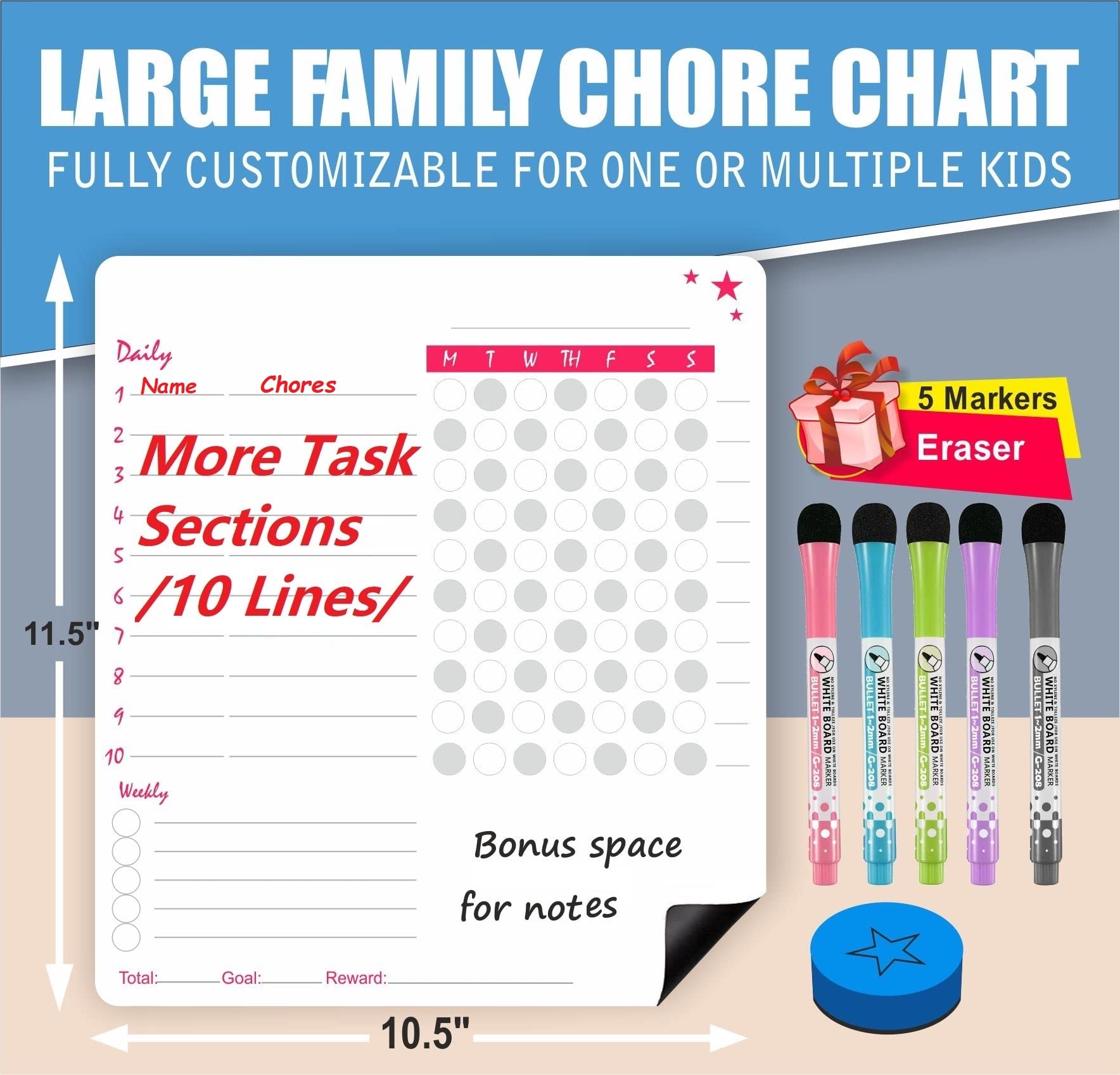 2 Pcs Chore Chart for Kids Multiple Kids with 5 Magnetic Markers & Star Eraser- Behavior Reward Chart - Fridge Weekly Schedule White Board - Teens Adults Family - Home School Responsibility Planner