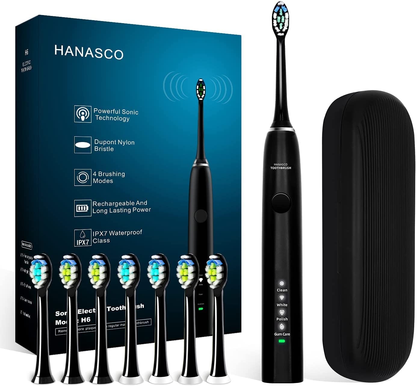 Hanasco Sonic Electric Toothbrush for Adults, 4 Modes with 2 Minute Timer, 8 Brush Heads Included, Whitening Clean 4 Hours Charge for 100 Days Use, Soft Bristles, 38,000 VPM Black