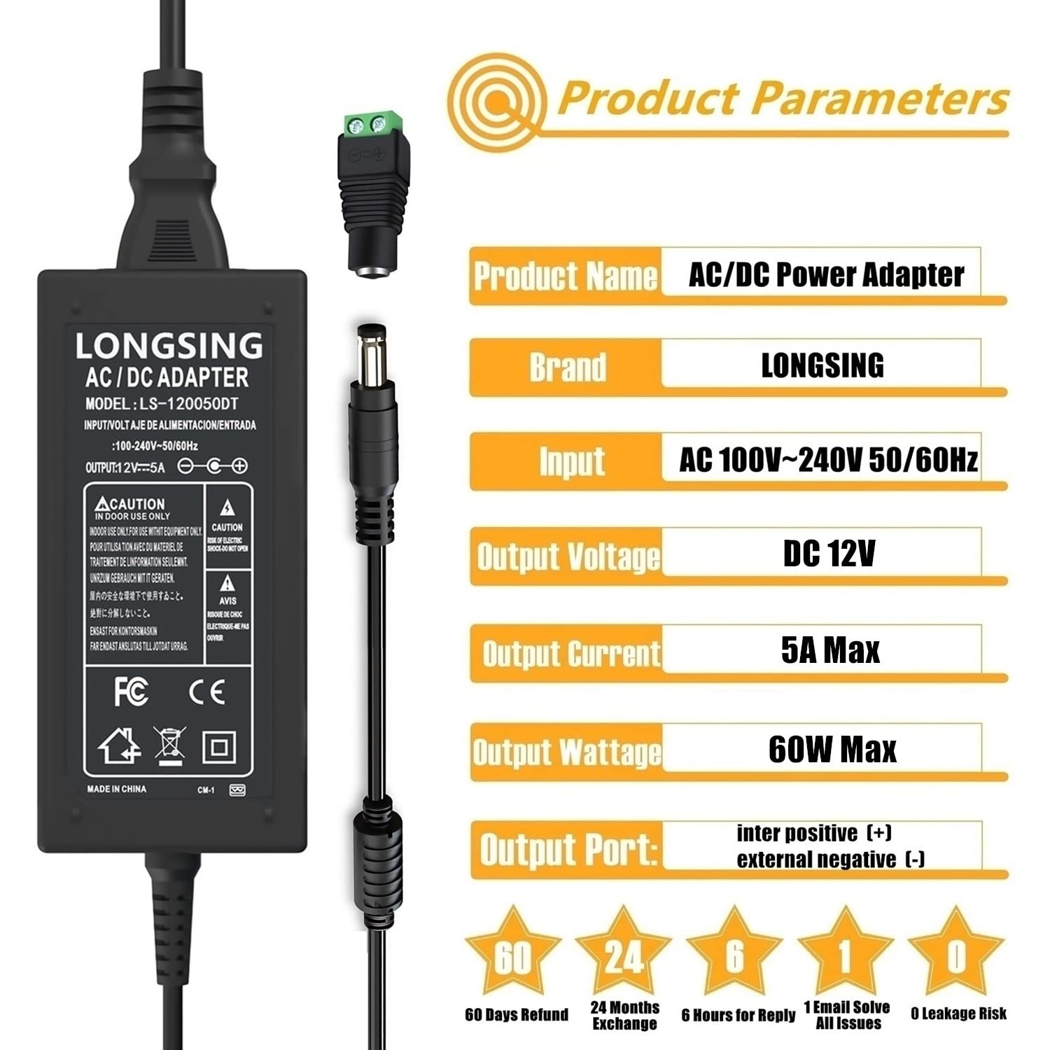 LONGSING 12V 5A Power Supply Adapter, AC 100-240V to DC 12V, Input 100V-240V, Output 12V 5A 60W, with DC Female Connector, 5.5x2.5mm DC Output Jack for 5050 3528 LED Strip Module Light