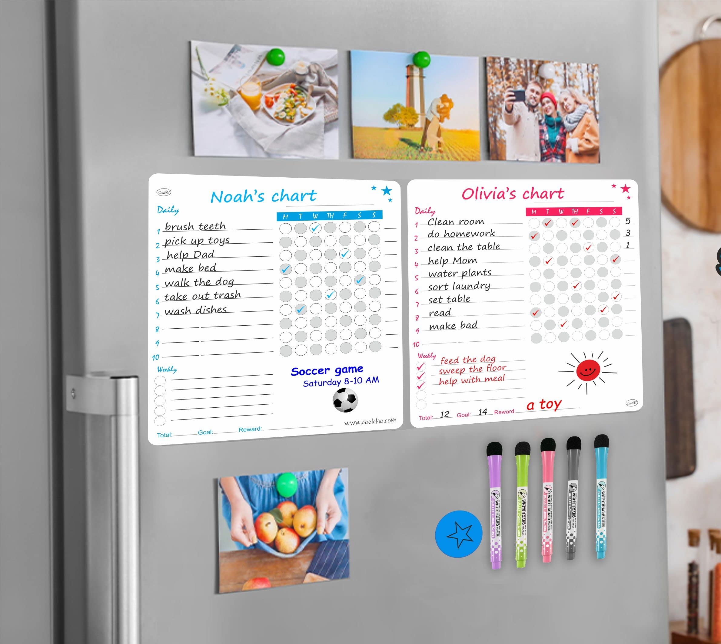 2 Pcs Chore Chart for Kids Multiple Kids with 5 Magnetic Markers & Star Eraser- Behavior Reward Chart - Fridge Weekly Schedule White Board - Teens Adults Family - Home School Responsibility Planner