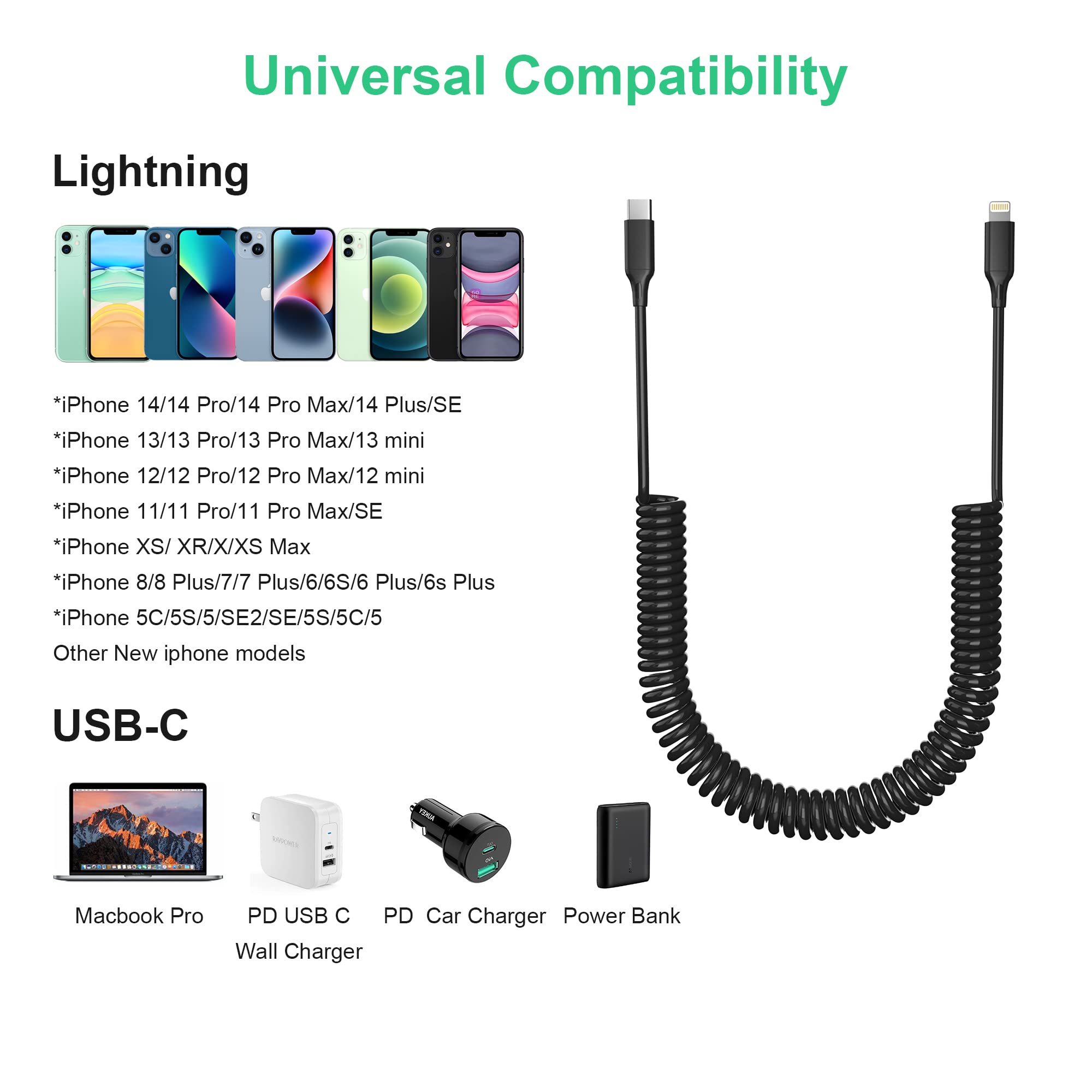 Arkidyn Coiled USB-C to Lightning Cable, MFi Certified Retractable USB C iPhone Charger Cord Charging Cable Compatible with iPhone 14 13 12 11 Pro Max XR XS X 8 7 6 Plus 5 SE