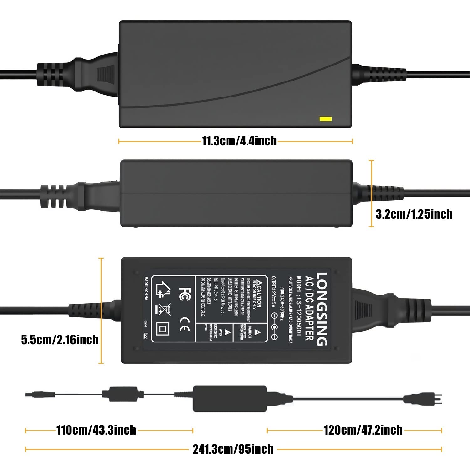 LONGSING 12V 5A Power Supply Adapter, AC 100-240V to DC 12V, Input 100V-240V, Output 12V 5A 60W, with DC Female Connector, 5.5x2.5mm DC Output Jack for 5050 3528 LED Strip Module Light