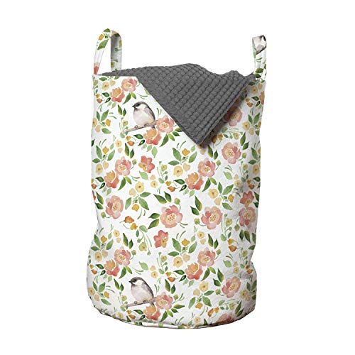 Ambesonne Floral Laundry Bag, Flower Petals Blossoms Leaves and Bird Sitting Vintage Inspired Image, Hamper Basket with Handles Drawstring Closure for Laundromats, 13" x 19", Coral Fern Green White