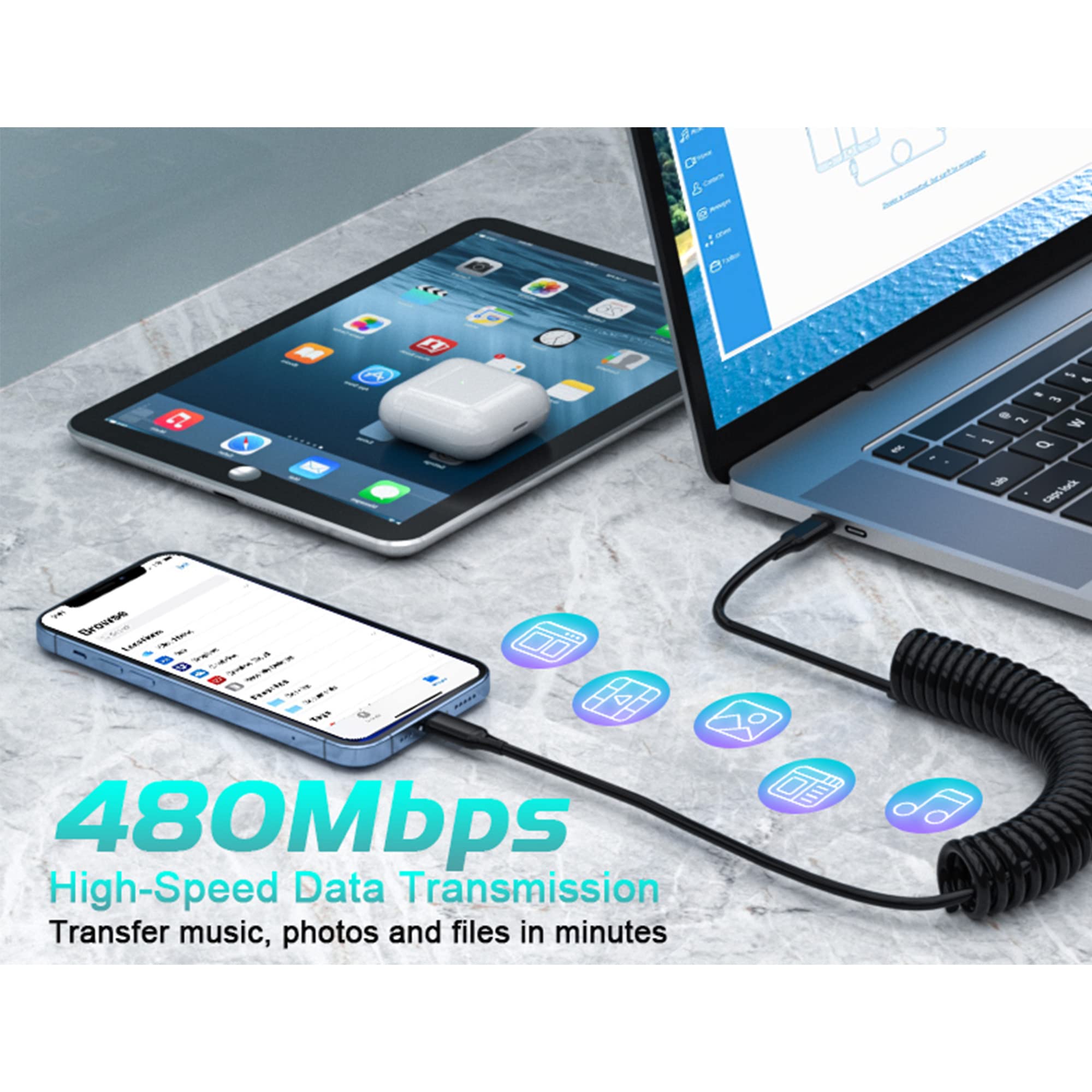 Arkidyn Coiled USB-C to Lightning Cable, MFi Certified Retractable USB C iPhone Charger Cord Charging Cable Compatible with iPhone 14 13 12 11 Pro Max XR XS X 8 7 6 Plus 5 SE