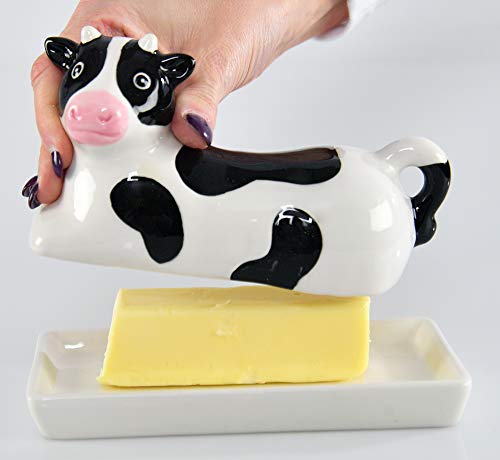 HOME-X Black and White Cow Butter Dish, Butter Dish with Cover, Farmhouse Dish for Stick of Butter Stick, Dish with Lid, 6 ¾”L x 3 ¼” W x 3 ½”H, Black/White