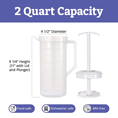 JBK Pottery - Mixing Pitcher for Drinks, Plastic Water Pitcher with Lid and Plunger with Angled Blades, Easy-Mix Juice Container, 2-Quart Capacity (White, One)