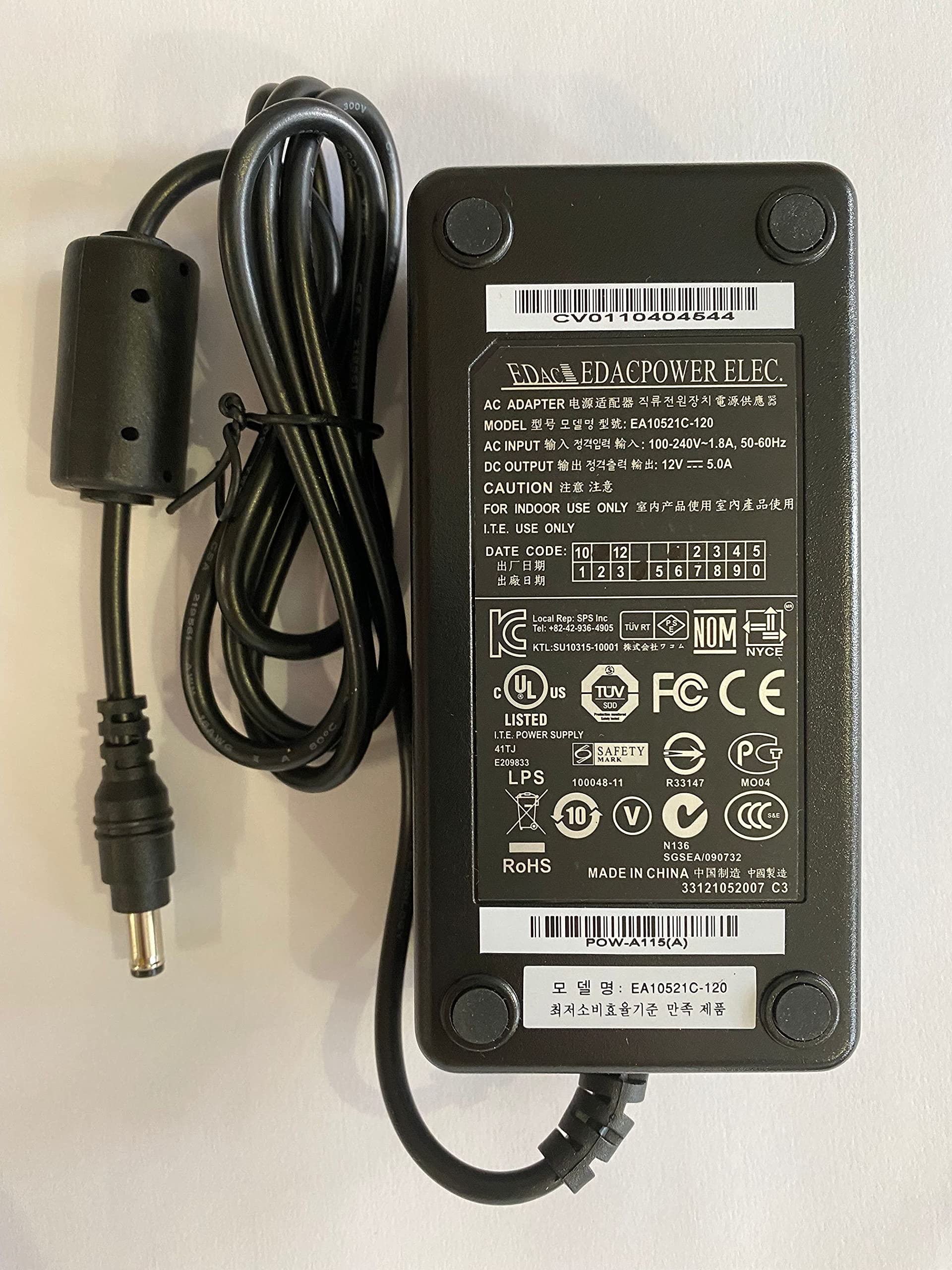 Genuine Parts w/Barrel Round Tip 12V 5A AC/DC Adapter Compatible with EDAC EDACPOWER ELEC MW MN Power EA10521C-120 EA10521C120 EA1060A EA1050A-120 EA1050A120 12.0V 5.0A 60W 12VDC Supply Cord Charger