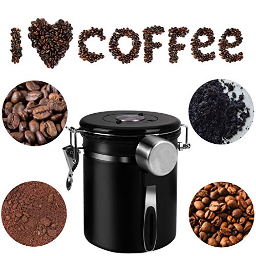 Coffee Container Airtight Coffee Canister, Coffee Stainless Steel Container for the Kitchen, Coffee Ground -One Way Co2 Valve Airtight Coffee Canister (Black,1.5L)…
