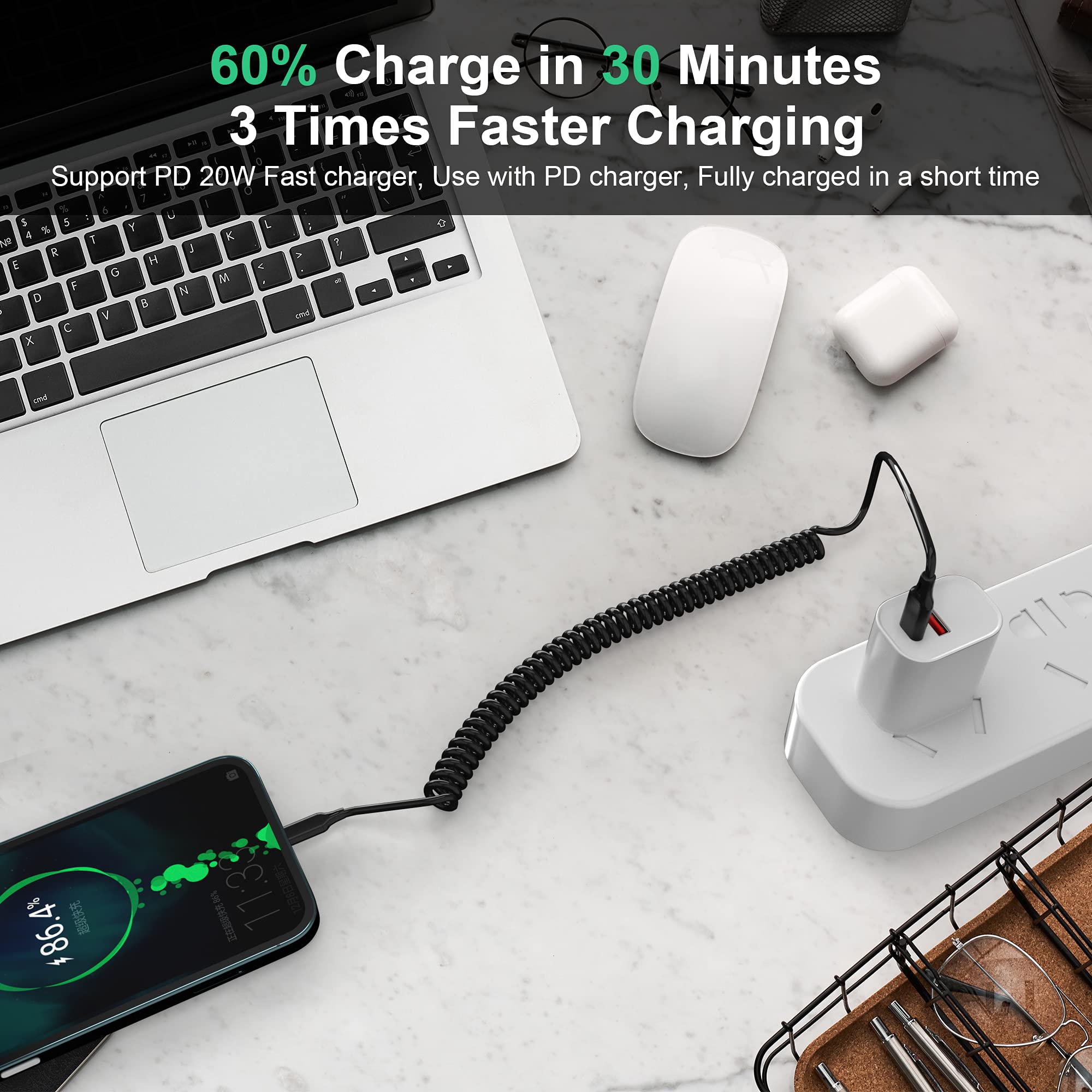 Arkidyn Coiled USB-C to Lightning Cable, MFi Certified Retractable USB C iPhone Charger Cord Charging Cable Compatible with iPhone 14 13 12 11 Pro Max XR XS X 8 7 6 Plus 5 SE