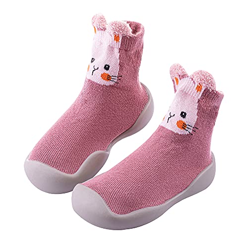 Pluatyep Baby Toddler Sock Shoes Non-Skid Slipper with Soft Sole Breathable Cotton Blend Walking Shoes for Infant Girls Boys(PinkCat,13.5cm)