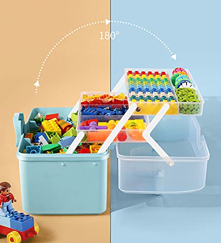 Sooyee Craft Organizers and Storage,Plastic Box with 3-Tier Fold Tray and Handle,Portable Lockable Container for Arts, Crafts,Cosmetic, Sewing, Toy, Washi Tape, Lego,13.4x7.5x8.9 in,Clear/White