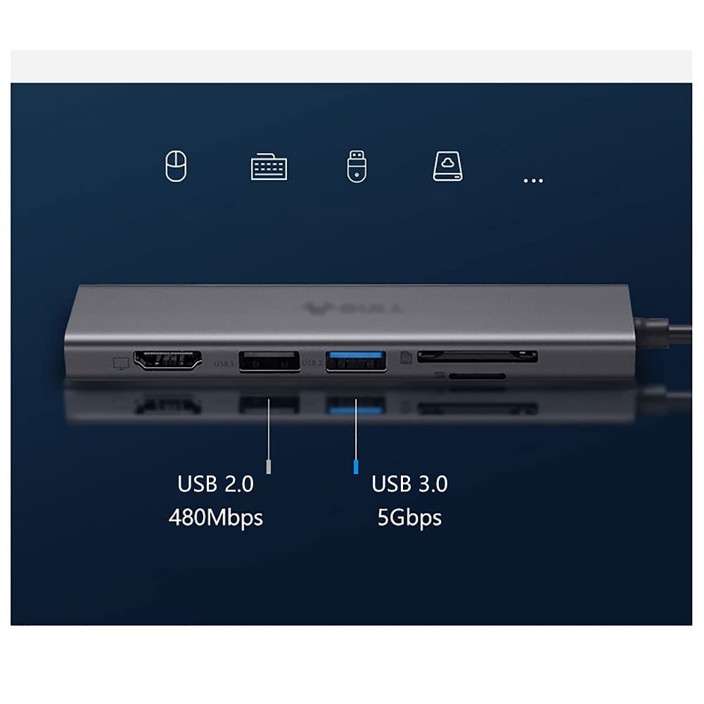 Port Expander USB C Hub 6-in-1 Dock Station USB C Adapter for USB C Devices with 4K HDMI/USB 3.0 / USB 2.0 / SD and TF Slots/PD 60W USB Splitter