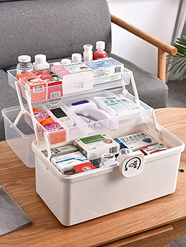 Sooyee Craft Organizers and Storage,Plastic Box with 3-Tier Fold Tray and Handle,Portable Lockable Container for Arts, Crafts,Cosmetic, Sewing, Toy, Washi Tape, Lego,13.4x7.5x8.9 in,Clear/White