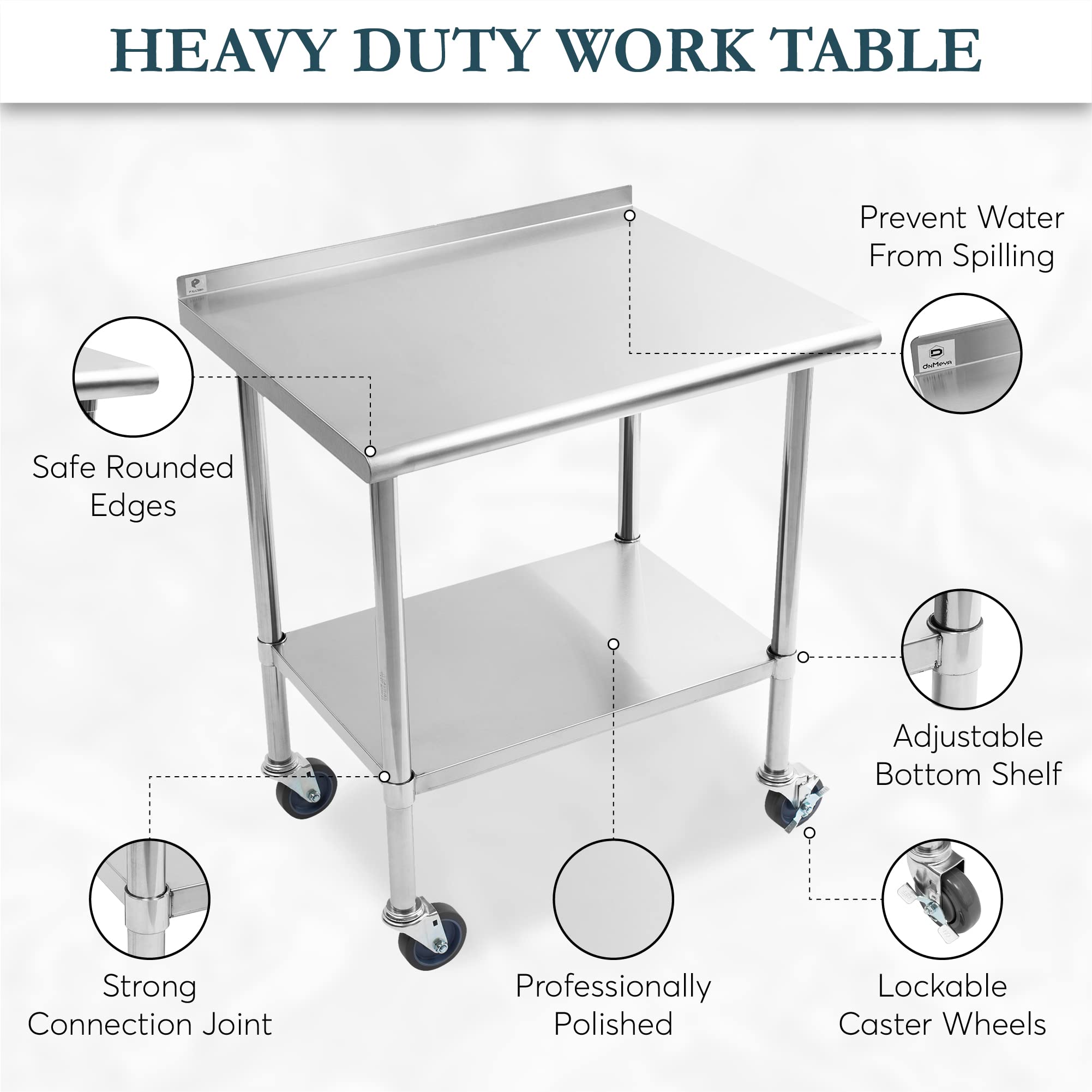 PALCHIO Stainless Steel Prep Table for Kitchen 30x24x34 - Food Prep Station with Backsplash, Shelf on Wheels for Commercial or Home Kitchen - Hotel, Restaurant Equipment with Cutting Board, Towel