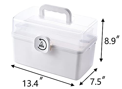 Sooyee Craft Organizers and Storage,Plastic Box with 3-Tier Fold Tray and Handle,Portable Lockable Container for Arts, Crafts,Cosmetic, Sewing, Toy, Washi Tape, Lego,13.4x7.5x8.9 in,Clear/White