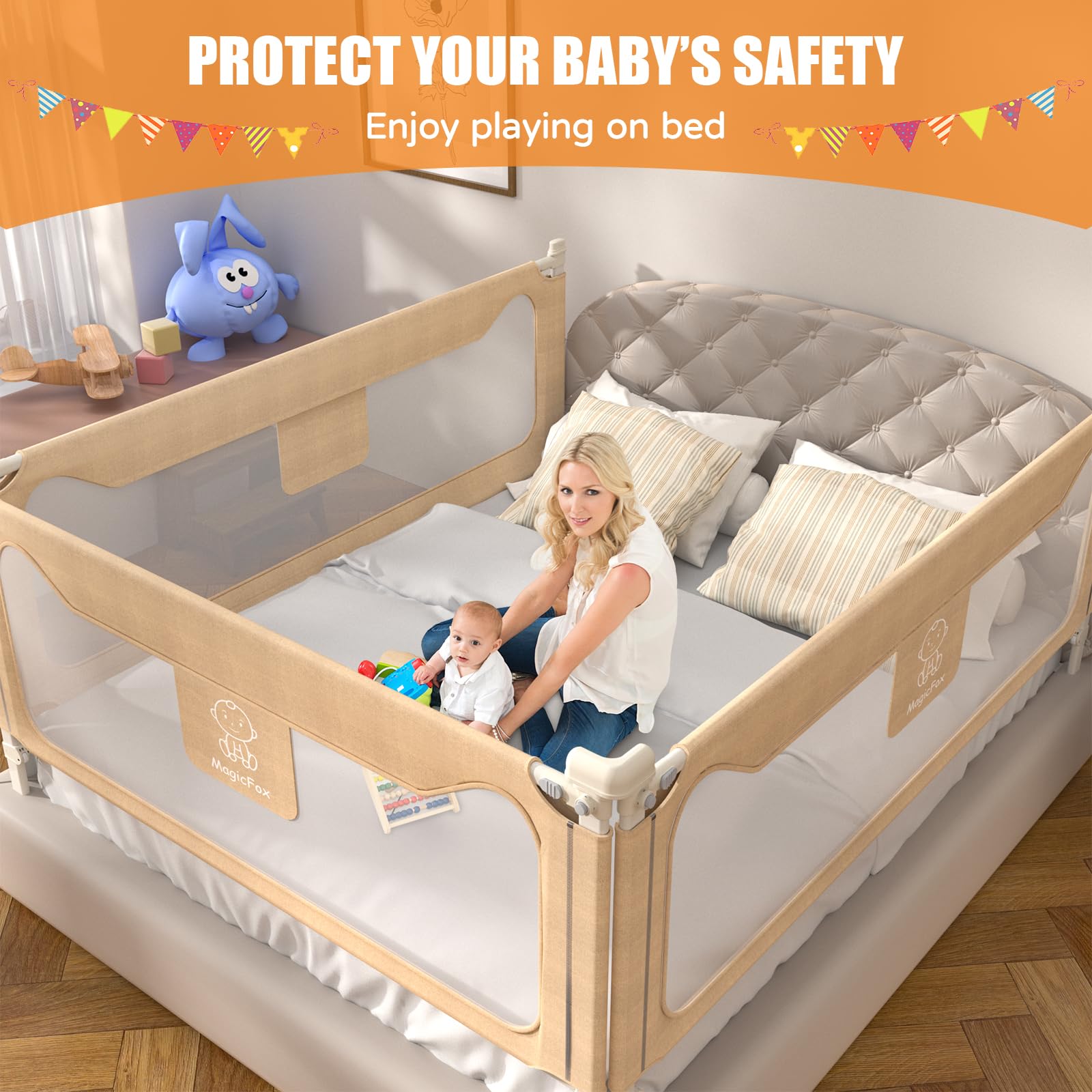 MagicFox Bed Rails for Toddlers, Extra Tall 32 Levels of Height Adjustment Specially Designed for Twin, Full, Queen, King Size - 2024 Safety Bed Guard Rails for Kids (Khaki, 1 Side:74.8"(L) ×27"(H))