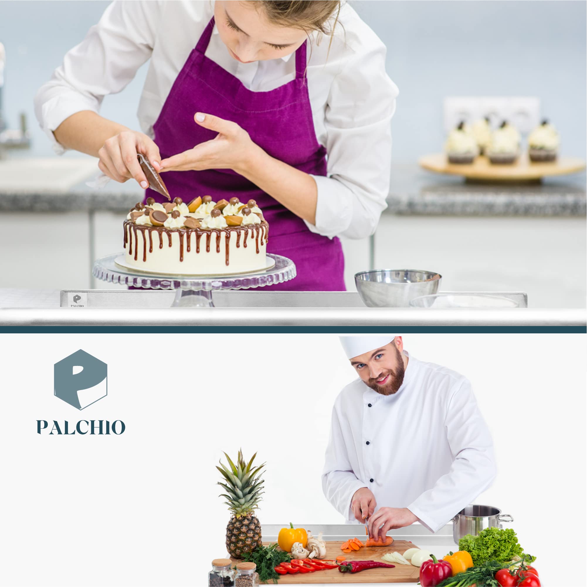 PALCHIO Stainless Steel Prep Table for Kitchen 30x24x34 - Food Prep Station with Backsplash, Shelf on Wheels for Commercial or Home Kitchen - Hotel, Restaurant Equipment with Cutting Board, Towel