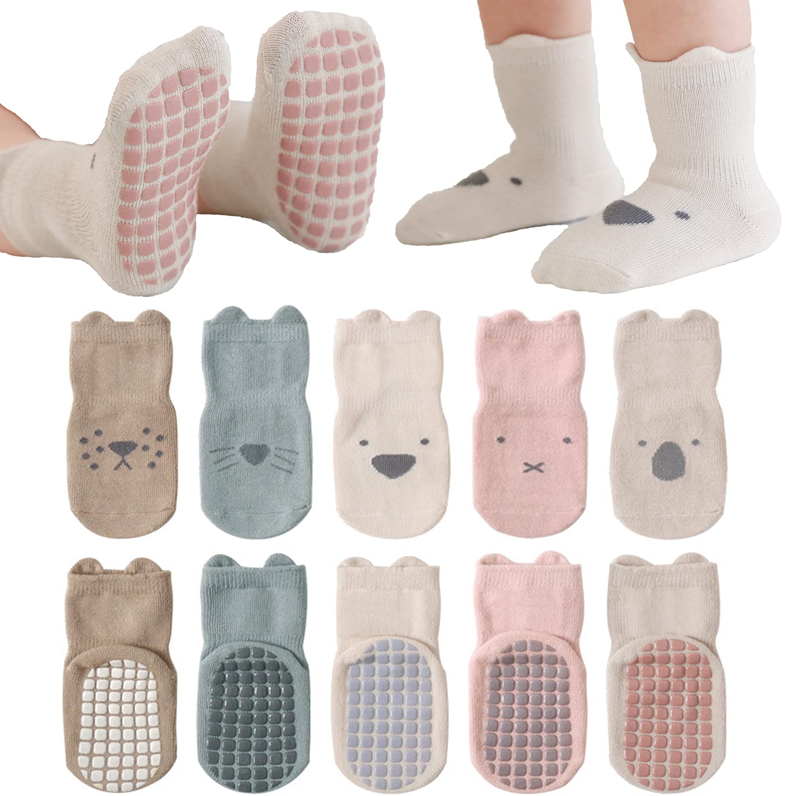 Baby Non Slip Socks Toddler Non-Skid Ankle Socks with Grips Anti-Slip Crew Cotton Socks for Infants Toddlers Girls Boys (1-3 T)