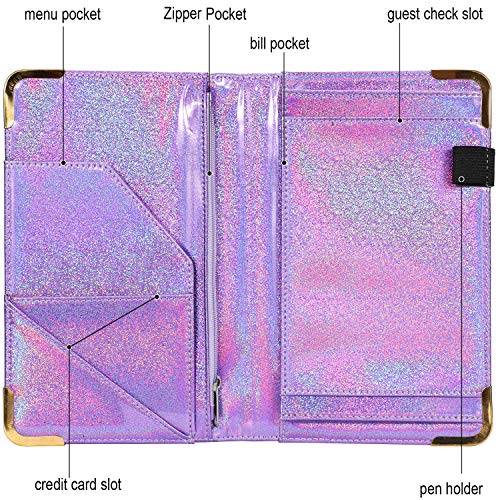 Server Book - Waitress/Waiter Book Organizer with Zipper Pouch, Guest Check Book Holder Money Pocket Restaurant Waitstaff Organizer (Purple)