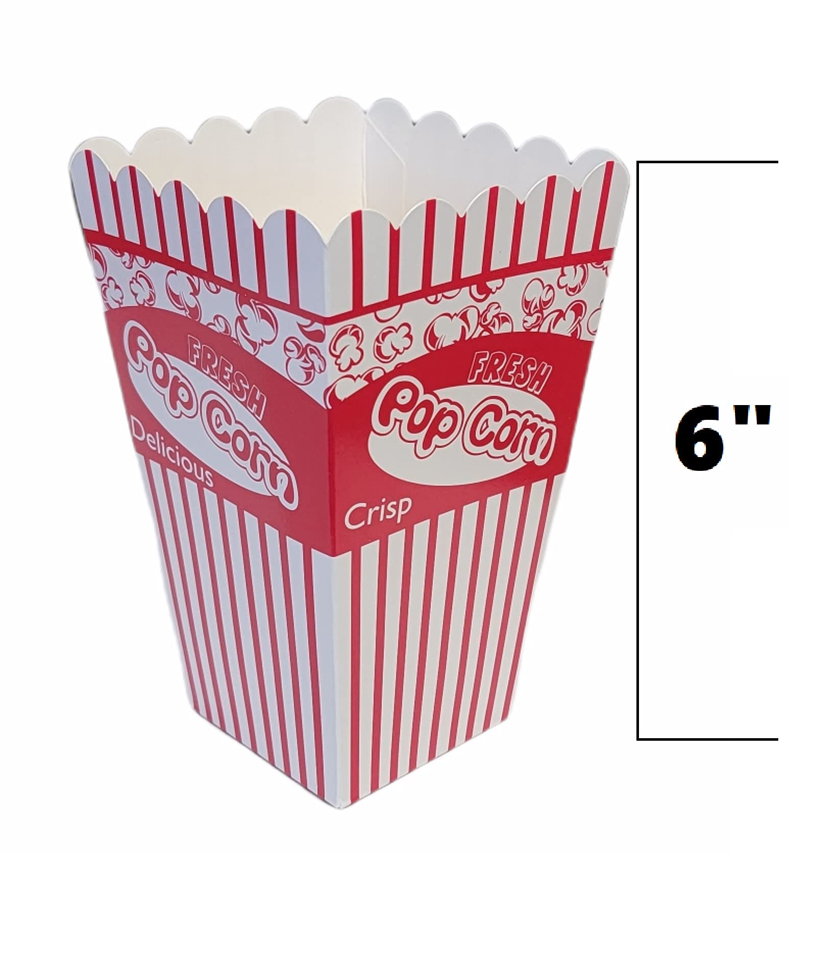 Fresh White Popcorn Carnival Red Striped Boxes (12 Pieces) 6". Paper. Delicious Crisp Snack Treat Pop Corn Candy Birthday Paty Favor Container Cardboard Disposable