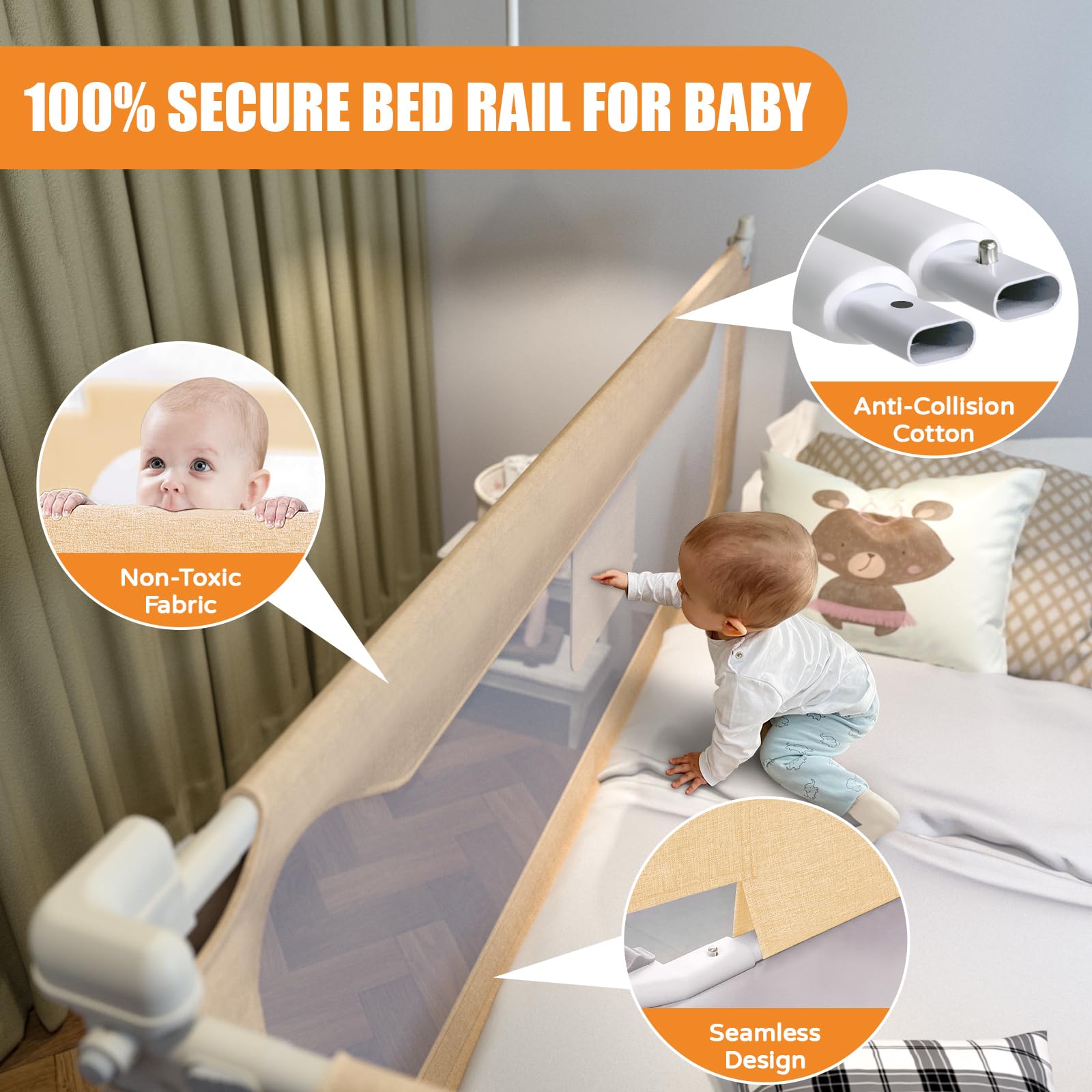 MagicFox Bed Rails for Toddlers, Extra Tall 32 Levels of Height Adjustment Specially Designed for Twin, Full, Queen, King Size - 2024 Safety Bed Guard Rails for Kids (Khaki, 1 Side:74.8"(L) ×27"(H))