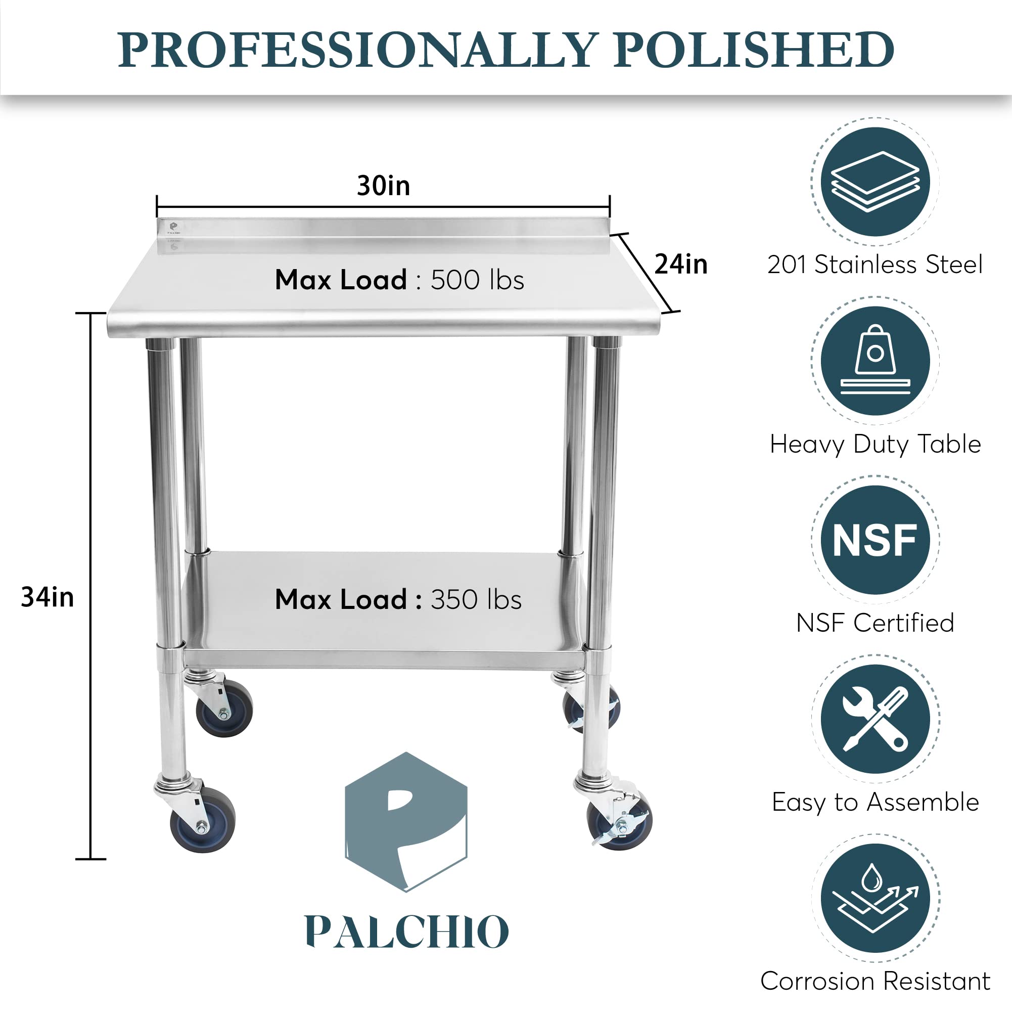 PALCHIO Stainless Steel Prep Table for Kitchen 30x24x34 - Food Prep Station with Backsplash, Shelf on Wheels for Commercial or Home Kitchen - Hotel, Restaurant Equipment with Cutting Board, Towel