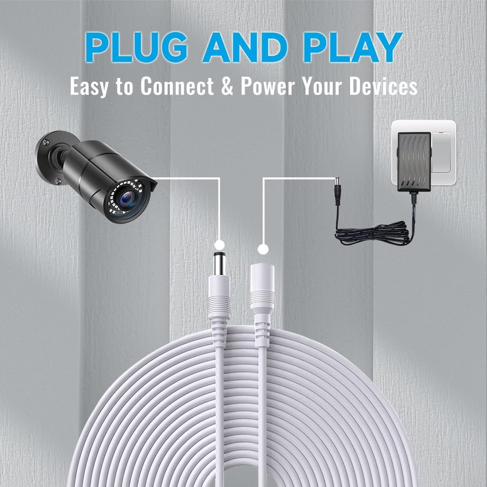 2 Pack 33ft/10M Power Extension Cable, 2PCS DC 12V Power Adapter Extension Cord 2.1mm x 5.5mm, Compatible with 12V DC Adapter Power Supply or Wall Charger for CCTV Security Camera IP Camera(White)
