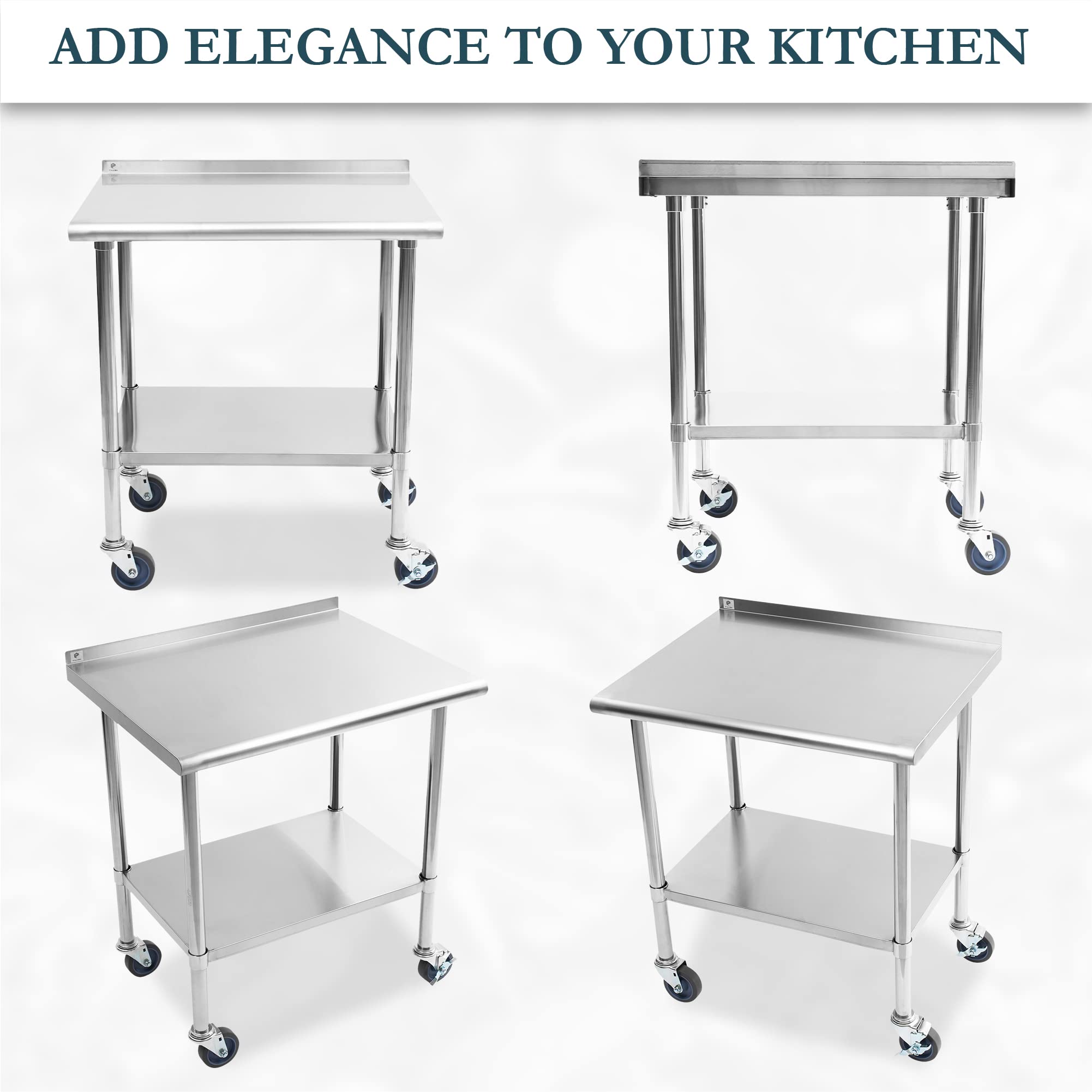 PALCHIO Stainless Steel Prep Table for Kitchen 30x24x34 - Food Prep Station with Backsplash, Shelf on Wheels for Commercial or Home Kitchen - Hotel, Restaurant Equipment with Cutting Board, Towel