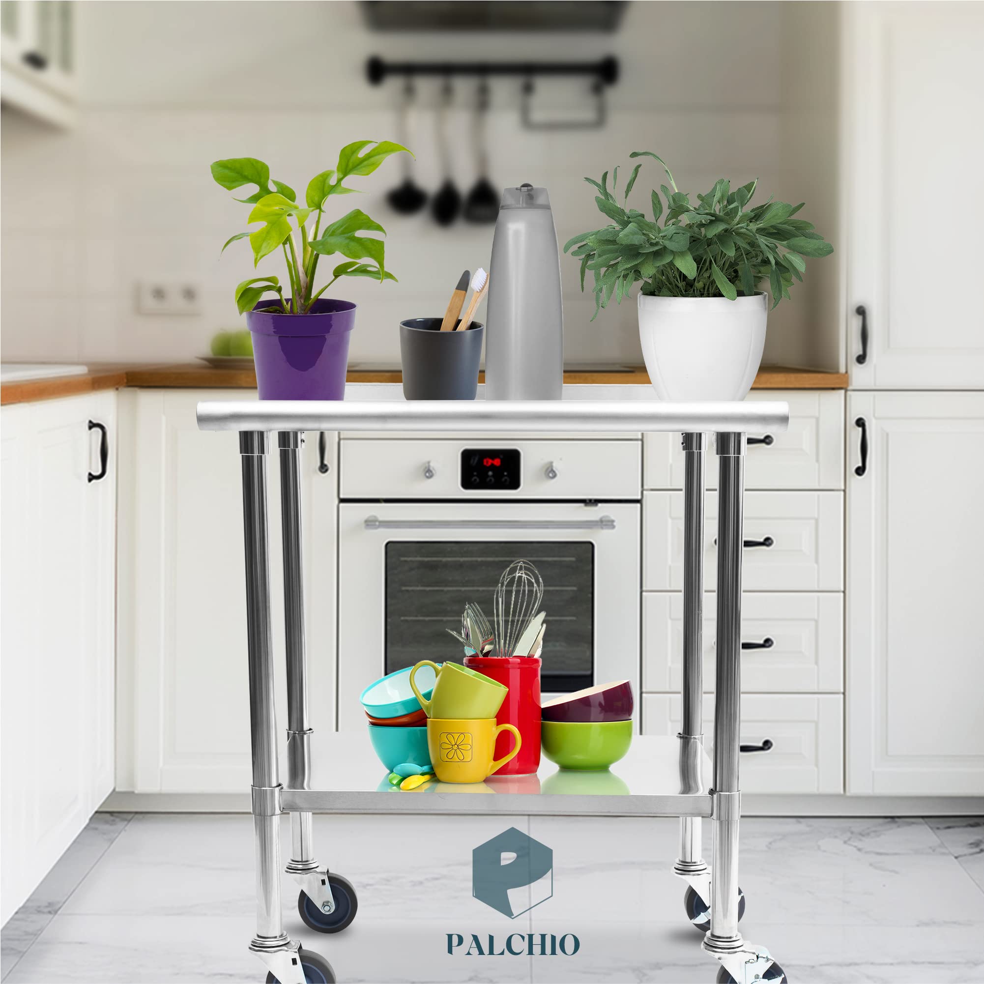 PALCHIO Stainless Steel Prep Table for Kitchen 30x24x34 - Food Prep Station with Backsplash, Shelf on Wheels for Commercial or Home Kitchen - Hotel, Restaurant Equipment with Cutting Board, Towel