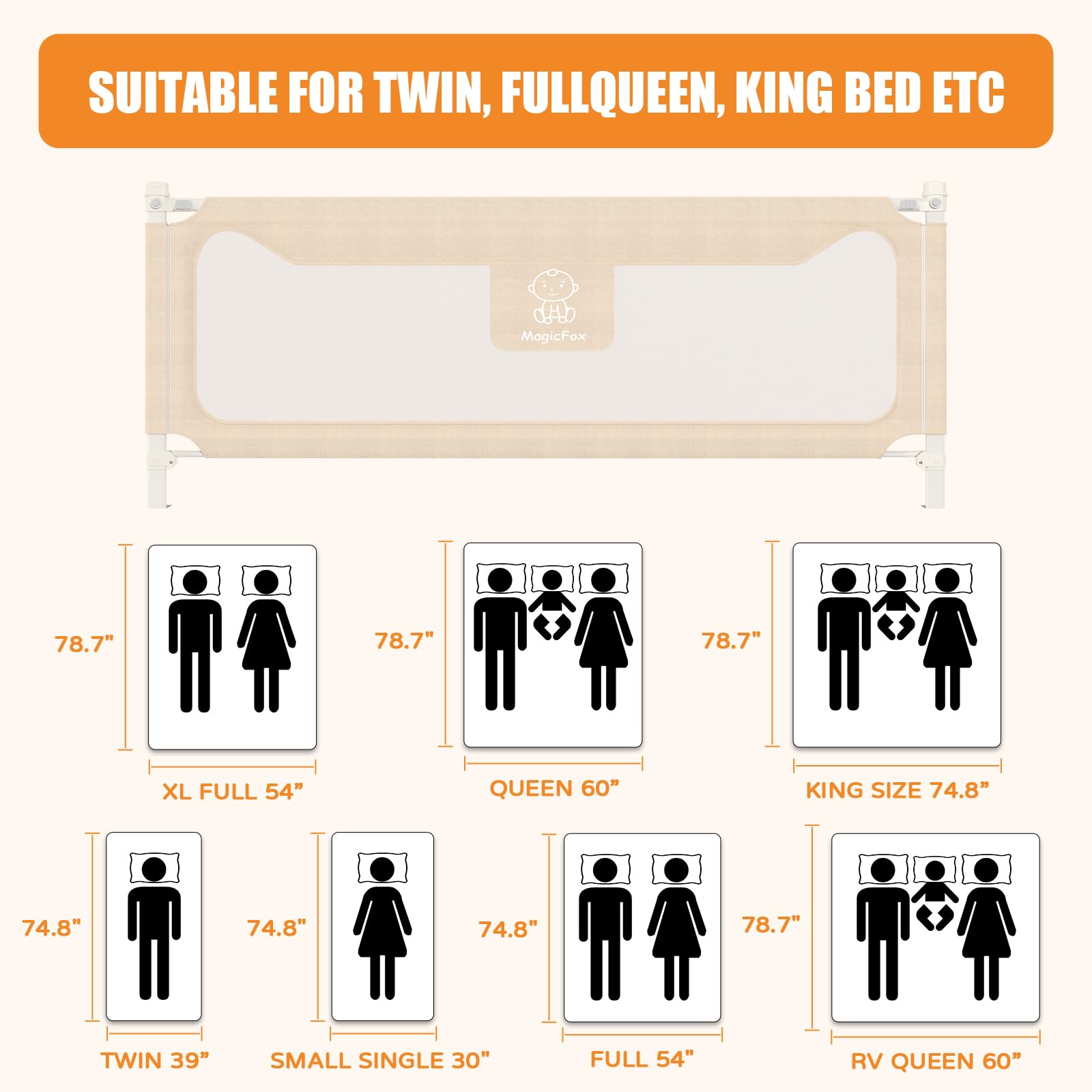 MagicFox Bed Rails for Toddlers, Extra Tall 32 Levels of Height Adjustment Specially Designed for Twin, Full, Queen, King Size - 2024 Safety Bed Guard Rails for Kids (Khaki, 1 Side:74.8"(L) ×27"(H))