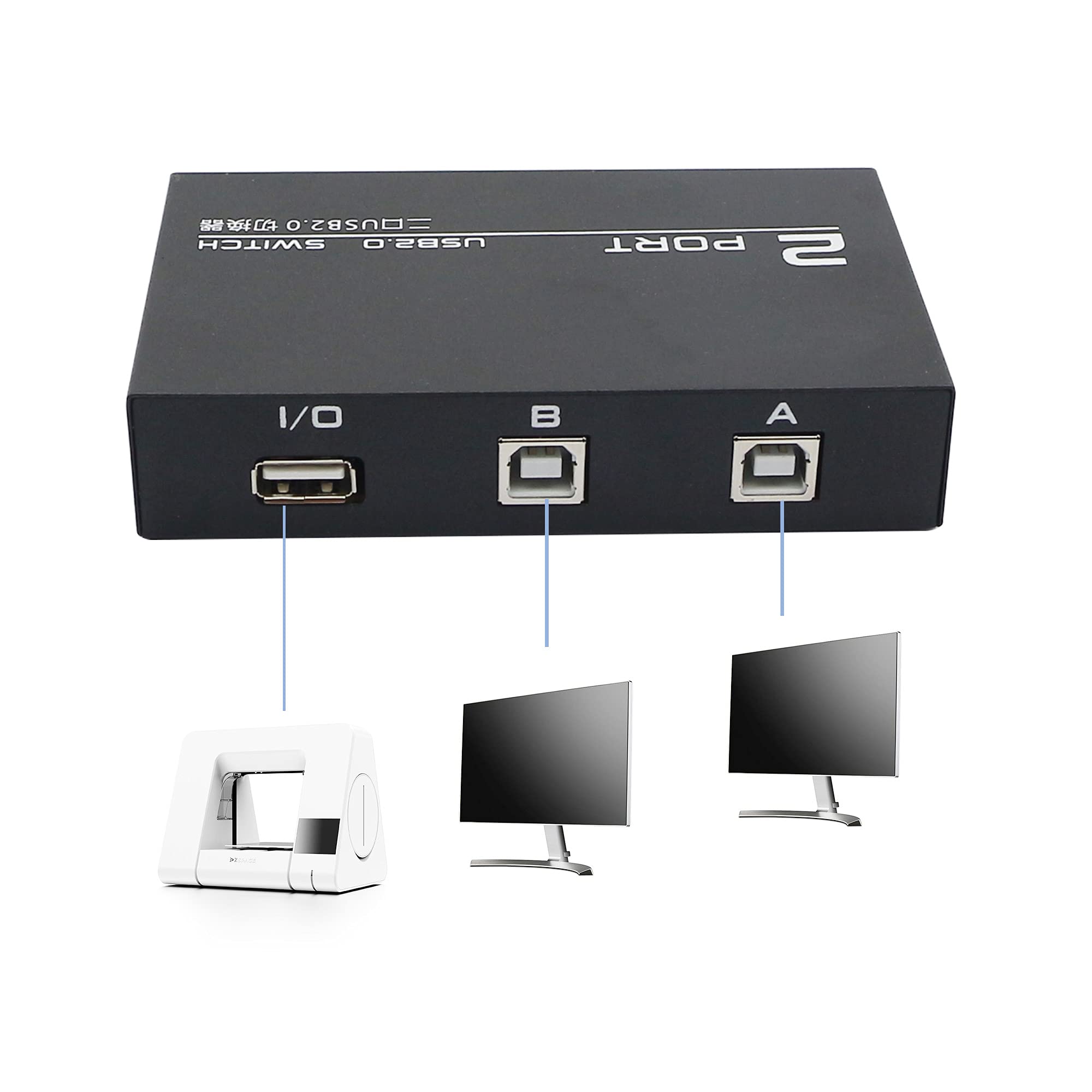 QIANRENON Printer Sharing Switch, 2-Port USB 2.0 Switch Adapter for USB Device Port Sharing Between 2 Computers (2 Switch),with 2 Pack USB 2.0 Male Cable