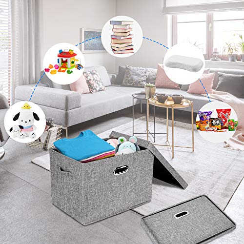 Storage Bins with Lids, Collapsible Linen Fabric Storage Box, Clothes Toy Organizer, Cubes Basket Containers with Cover for Cabinet Bookcase Boxes Home Bedroom(Gray, Large(17.7x11.8x11.8inch))