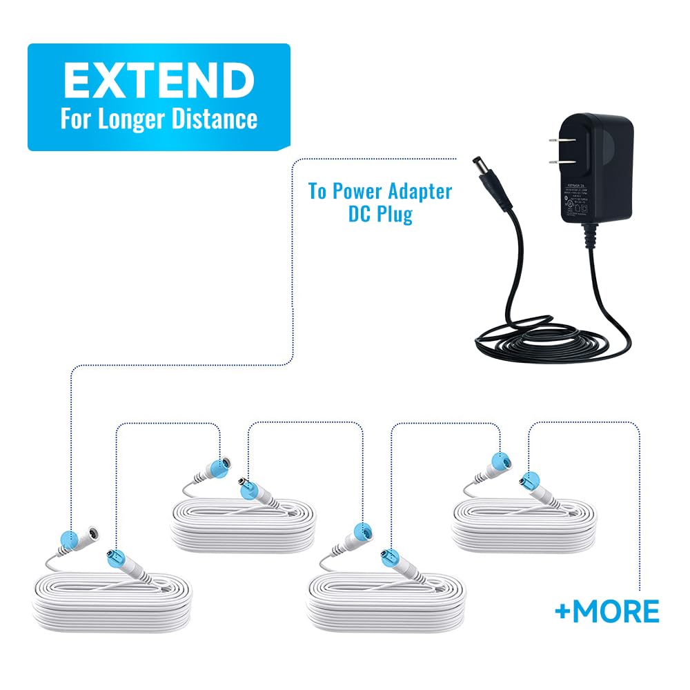 2 Pack 33ft/10M Power Extension Cable, 2PCS DC 12V Power Adapter Extension Cord 2.1mm x 5.5mm, Compatible with 12V DC Adapter Power Supply or Wall Charger for CCTV Security Camera IP Camera(White)