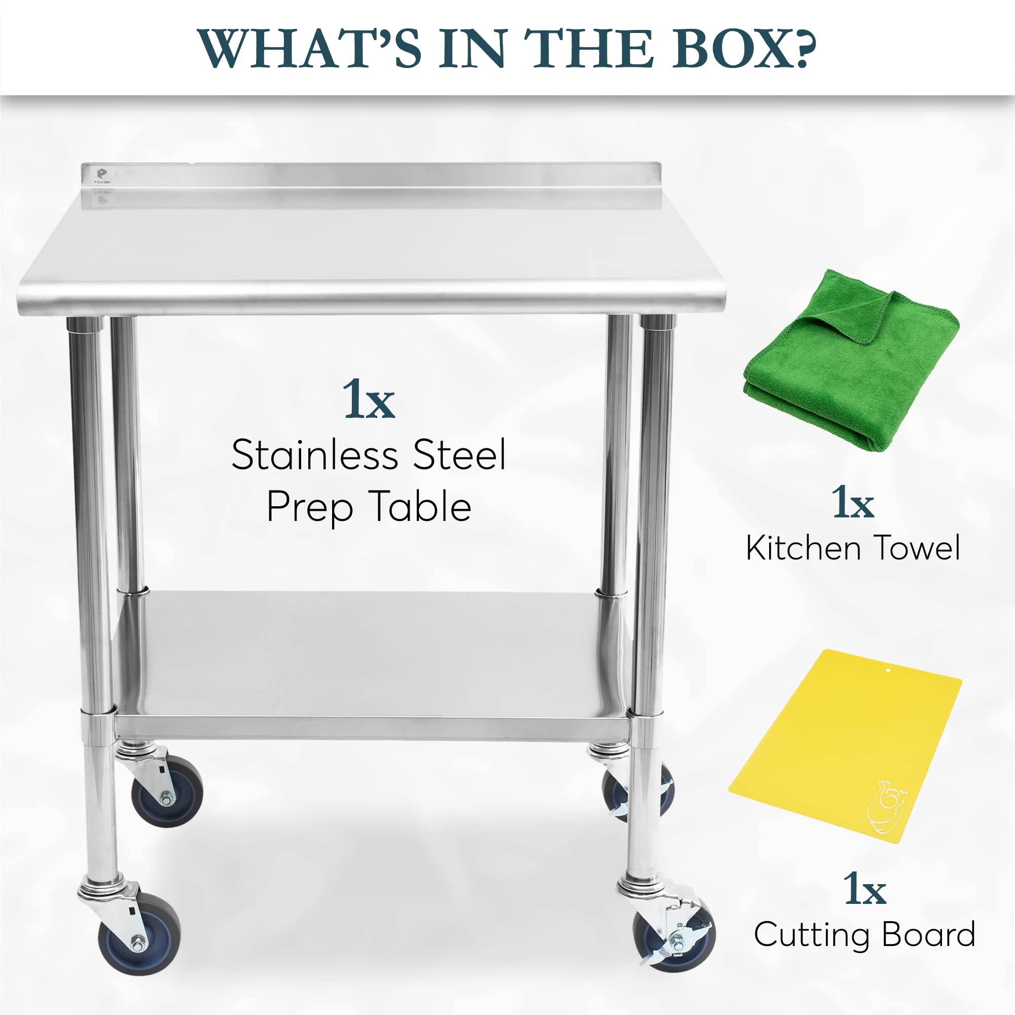 PALCHIO Stainless Steel Prep Table for Kitchen 30x24x34 - Food Prep Station with Backsplash, Shelf on Wheels for Commercial or Home Kitchen - Hotel, Restaurant Equipment with Cutting Board, Towel