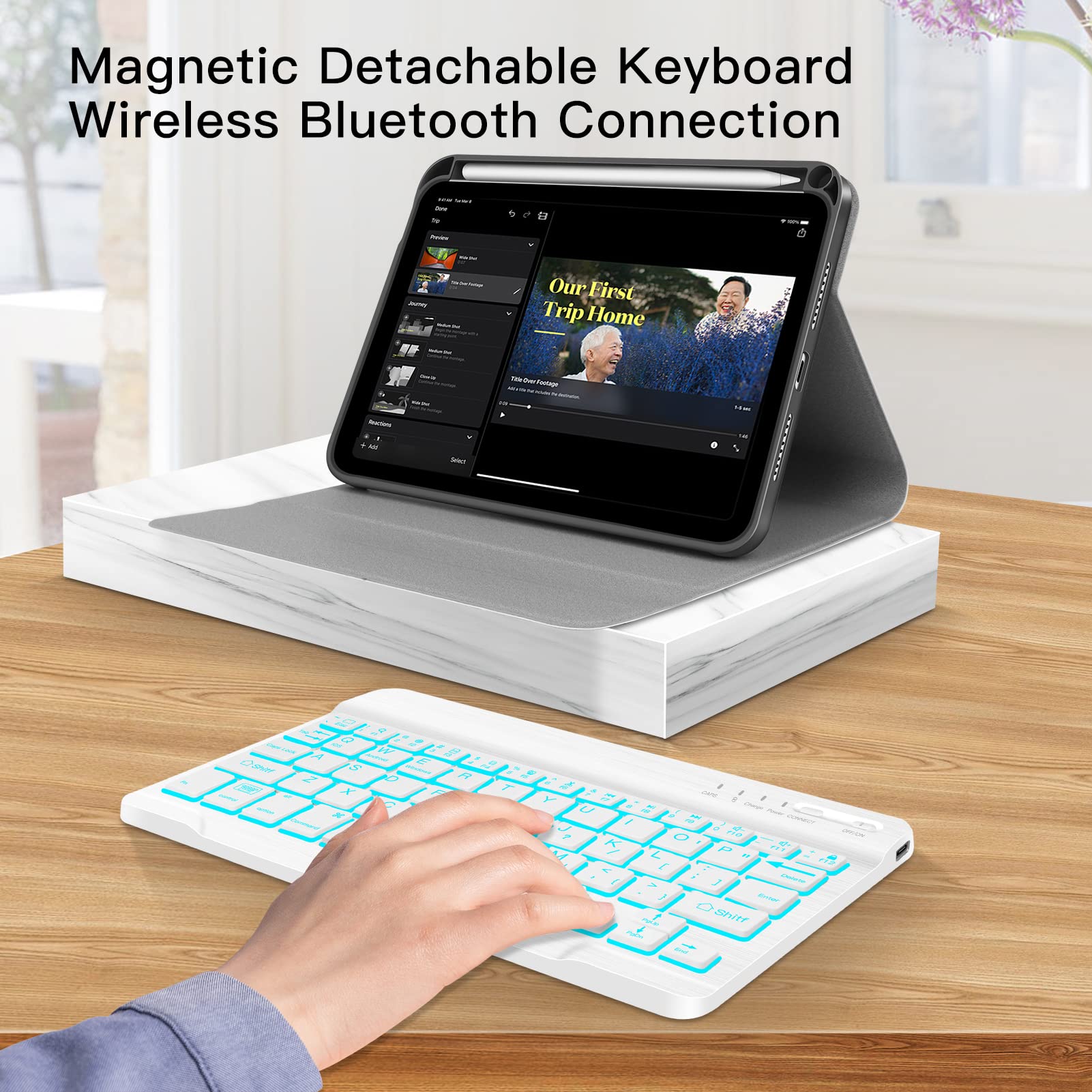 JUQITECH iPad Mini 6 Case with Keyboard - iPad Mini 6th 2021 8.3" Backlit Bluetooth Wireless Magnetic Detachable Rechargeable Keyboard Smart Folio Stand Honeycomb Tablet Cover with Pencil Holder, Gray